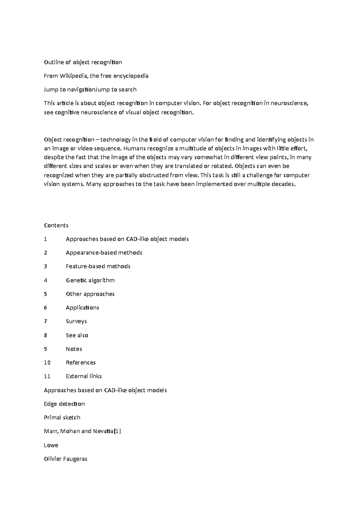 Outline of object recognition - For object recognition in neuroscience ...