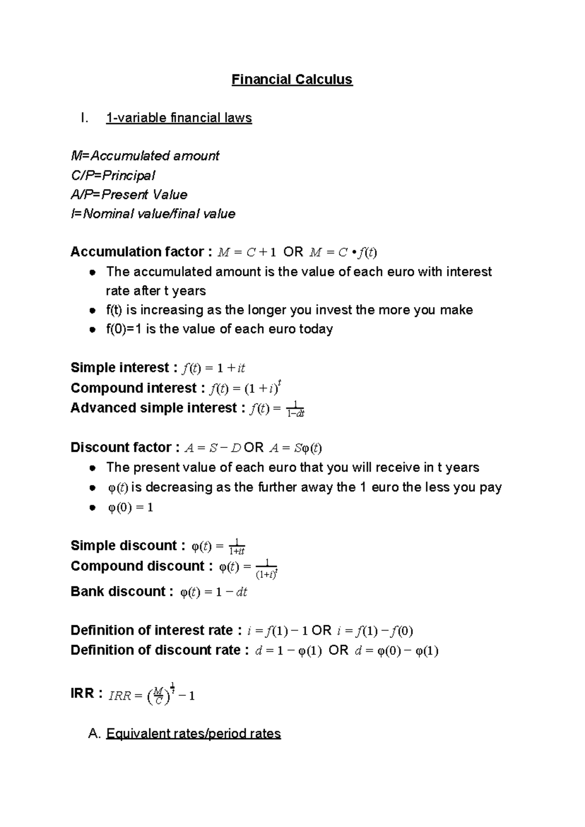 Financial Calculus - 1-variable financial laws M=Accumulated amount C/P ...