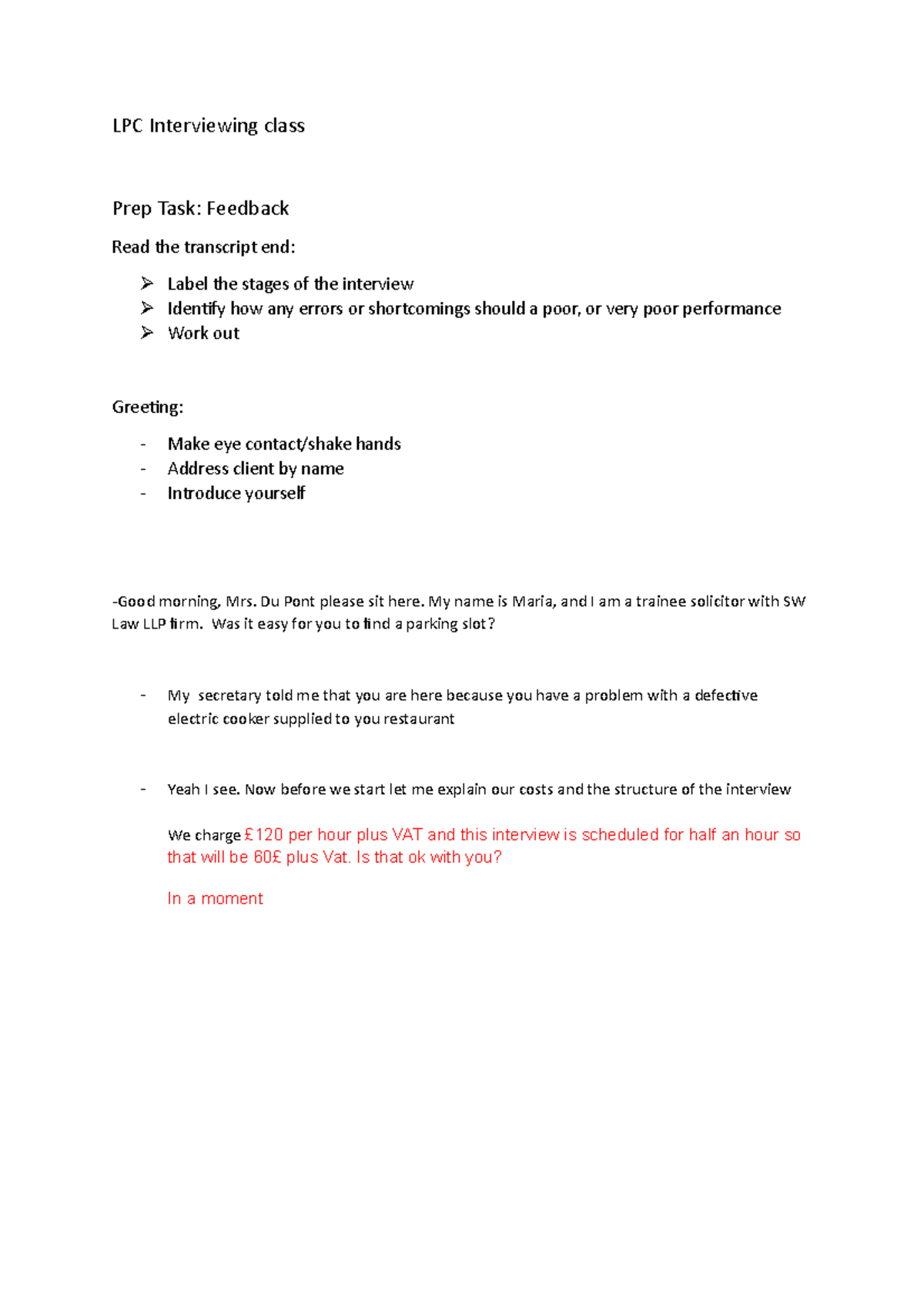 LPC Interviewing class - LPC Interviewing class Prep Task: Feedback ...