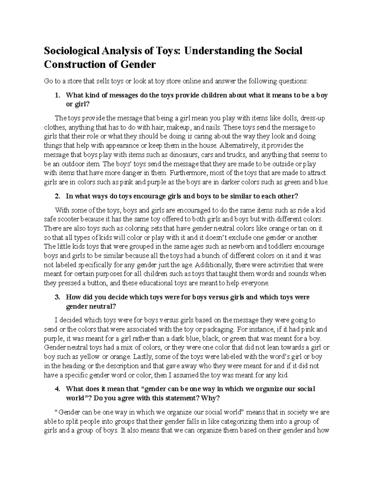Gender Hw - Sociological Analysis of Toys: Understanding the Social ...