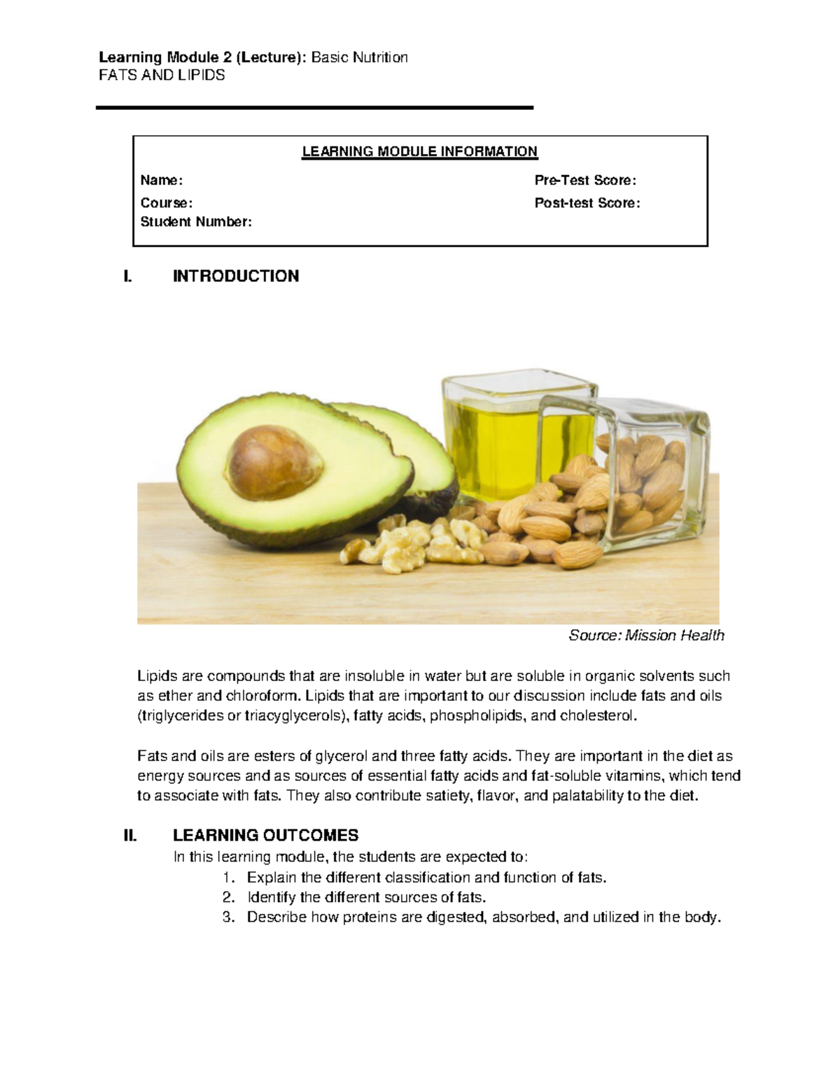 FATS - BSND - FATS AND LIPIDS LEARNING MODULE INFORMATION Name: Pre ...