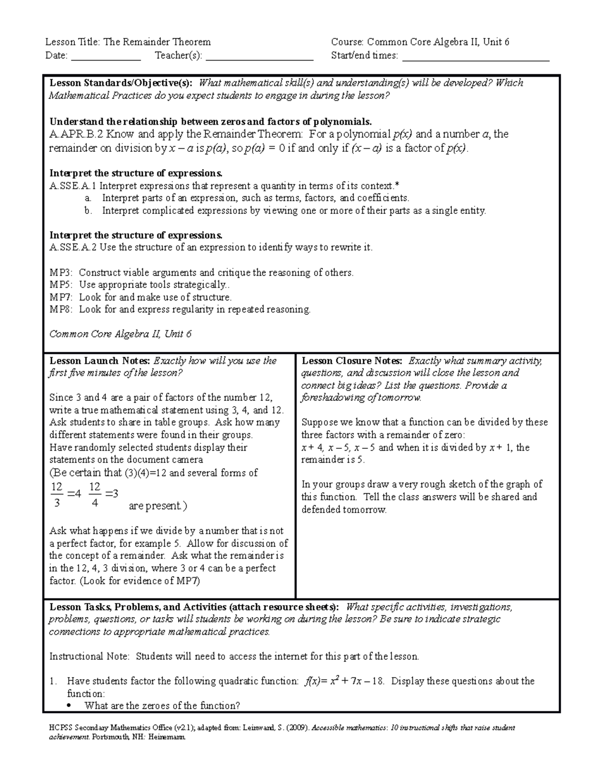 A apr b 2 lesson remainder theorem - Lesson Title: The Remainder ...