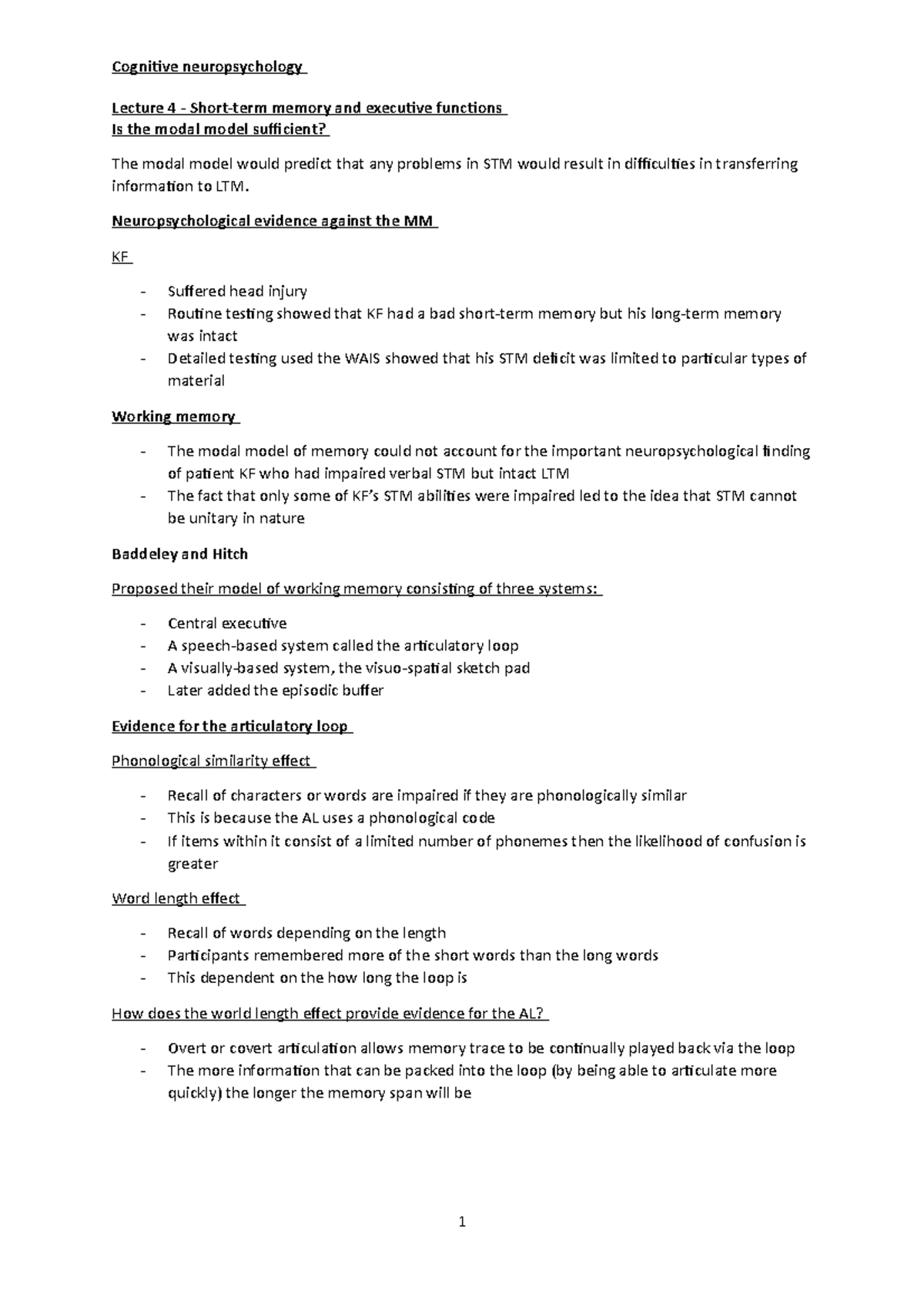 Short-term memory and executive functions - lecture 4 - Lecture 4 ...