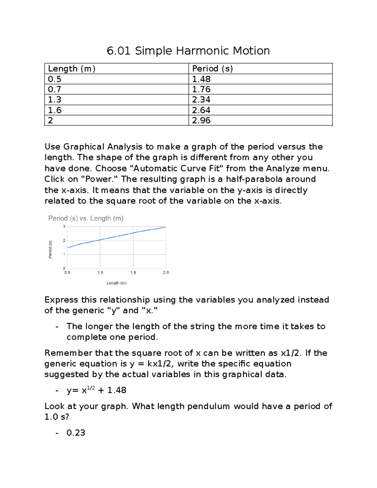 6.01 Simple Harmonic Motion - 6 Simple Harmonic Motion Length (m) Period (s) 0 1. 0 1. 1 2. 1 2 ...