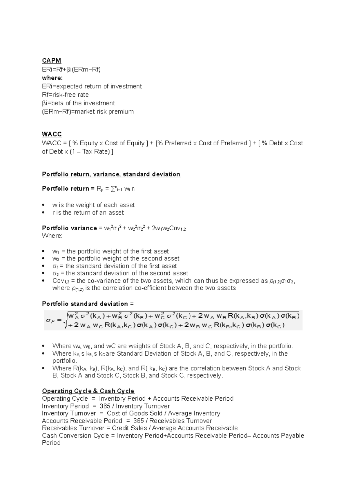 CF Final Formula Sheet - CAPM ERi=Rf+βi(ERm−Rf) where: ERi=expected ...