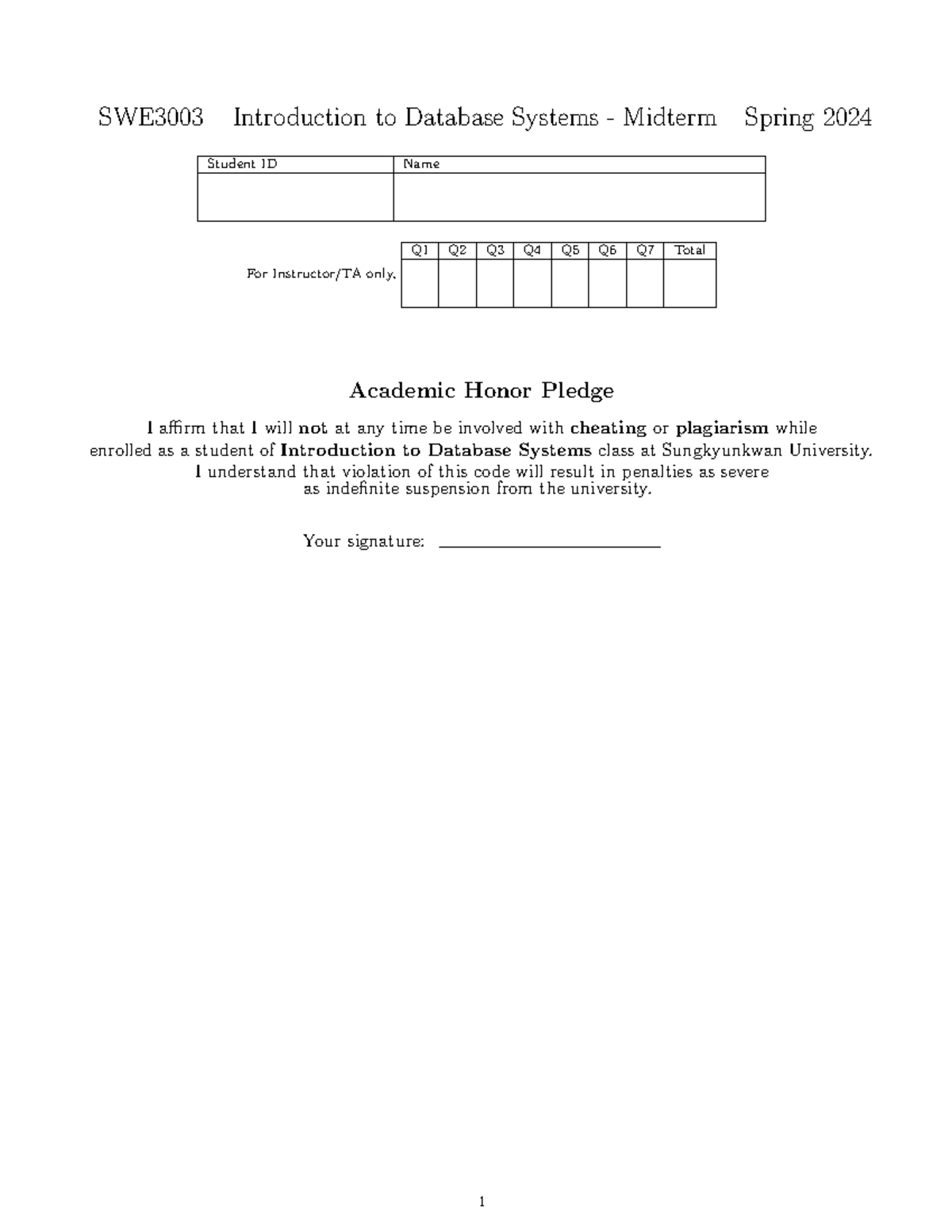 DB Midterm 2024 Spring solutions - SWE3003 Introduction to Database Systems - Midterm Spring ...