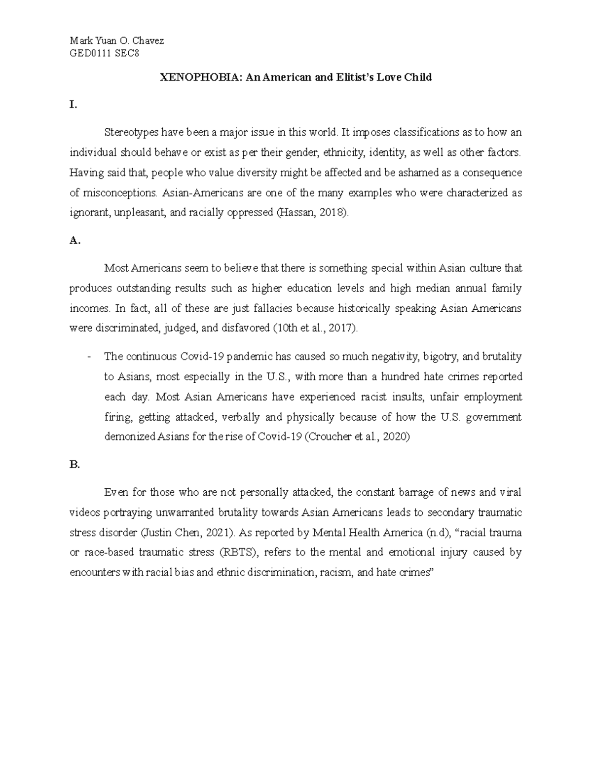 Outline for a research paper regarding racism - Mark Yuan O. Chavez ...