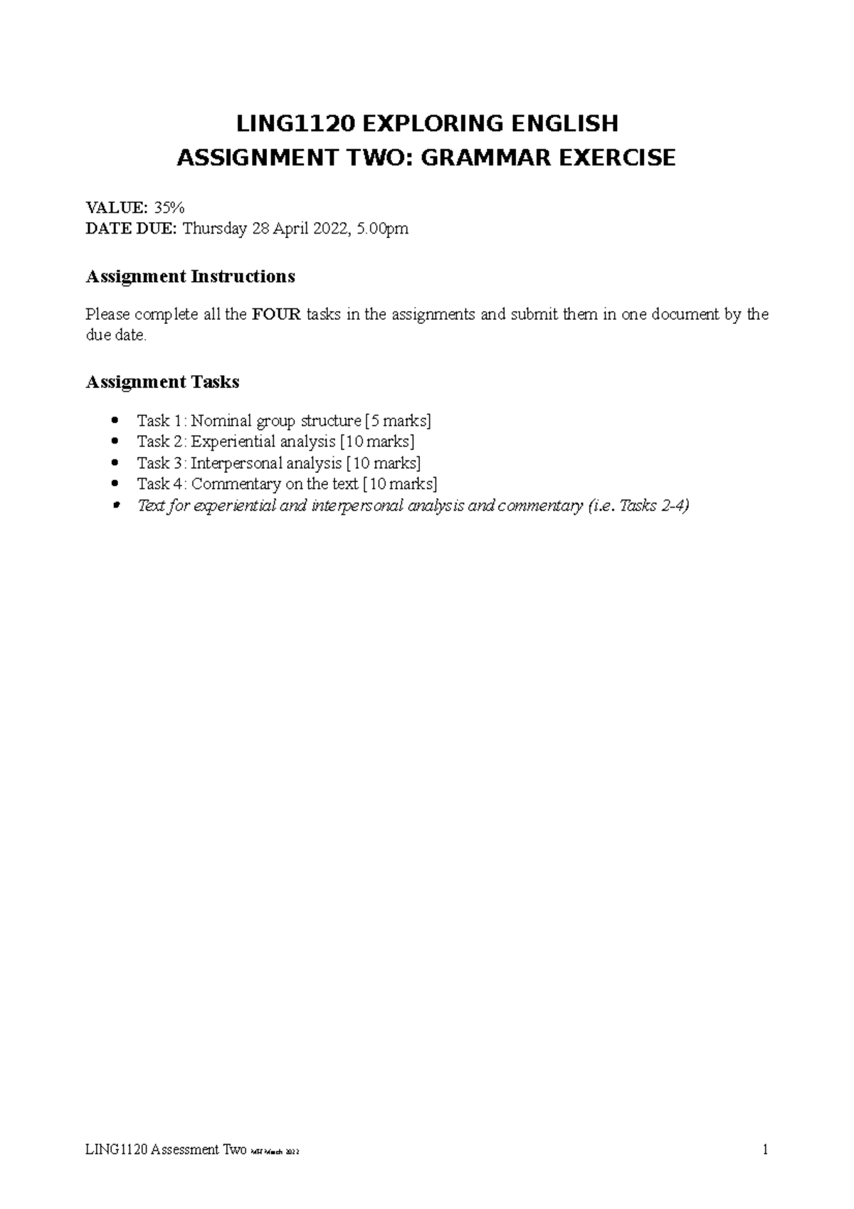 LING1120 Assignment Two S1 2022 - LING1120 EXPLORING ENGLISH ASSIGNMENT ...