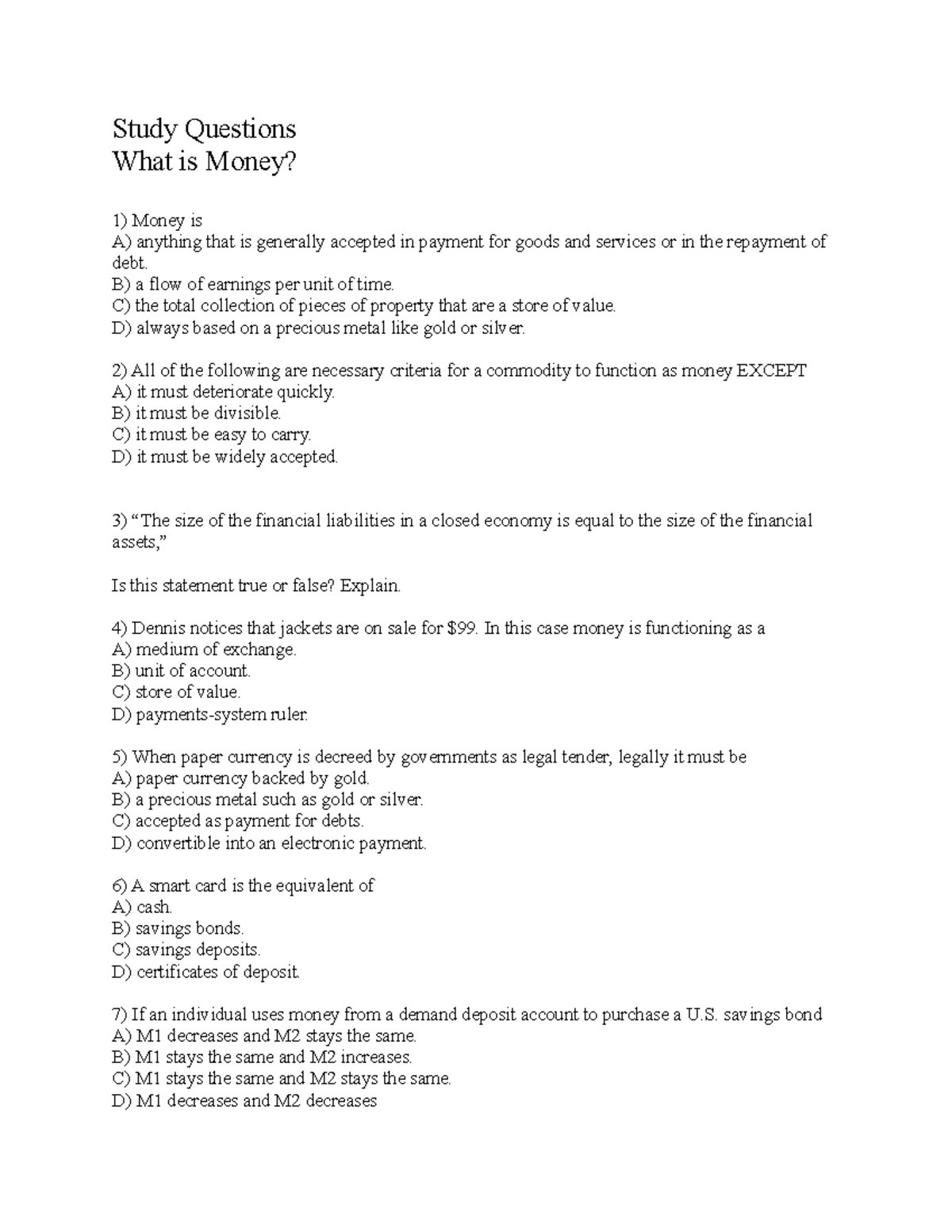 Study Questions Ch 3 What Is Money Study Questions What Is Money