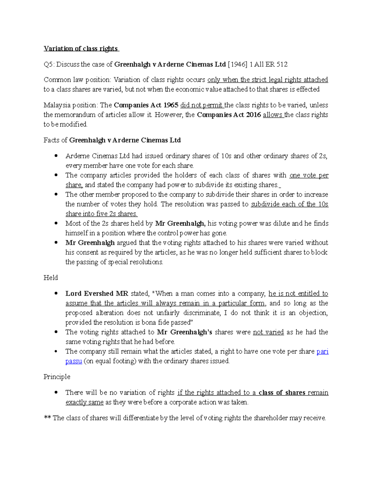 Company Law II Variation of class rights - Variation of class rights Q5 ...