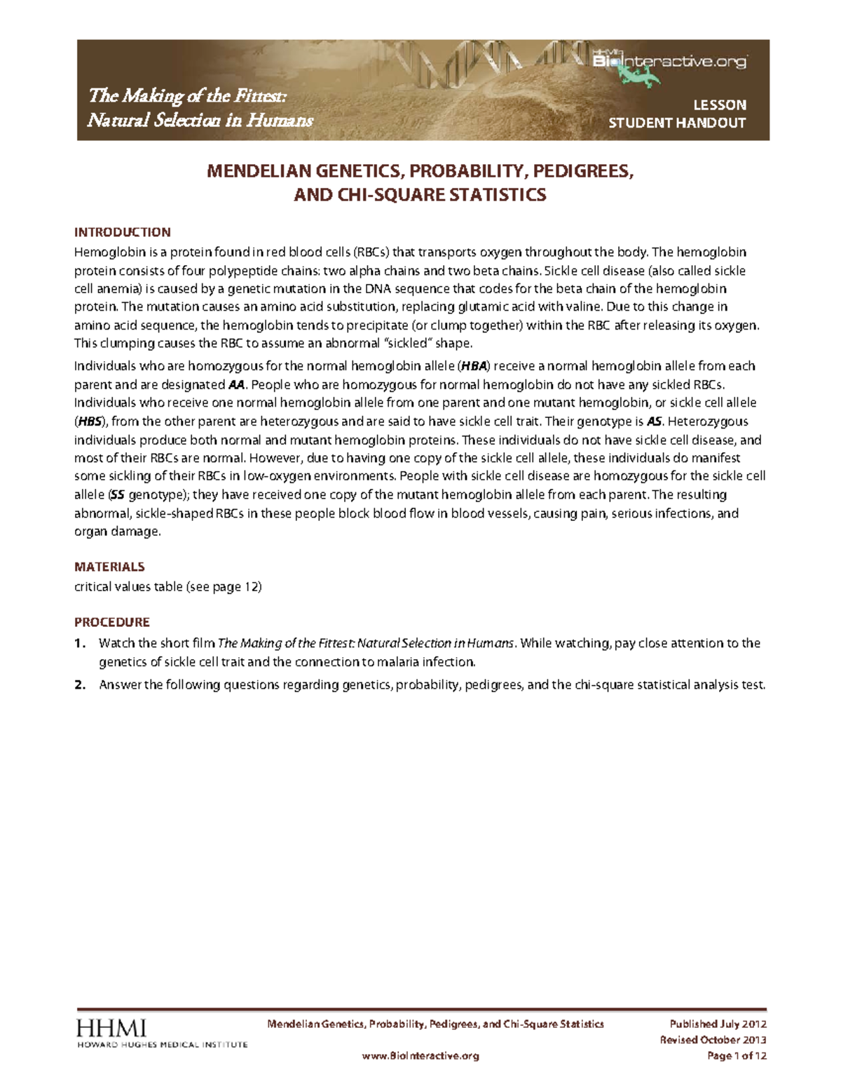 Sickle Cell-Genetics-Student-fillable - Mendelian Genetics, Probability ...