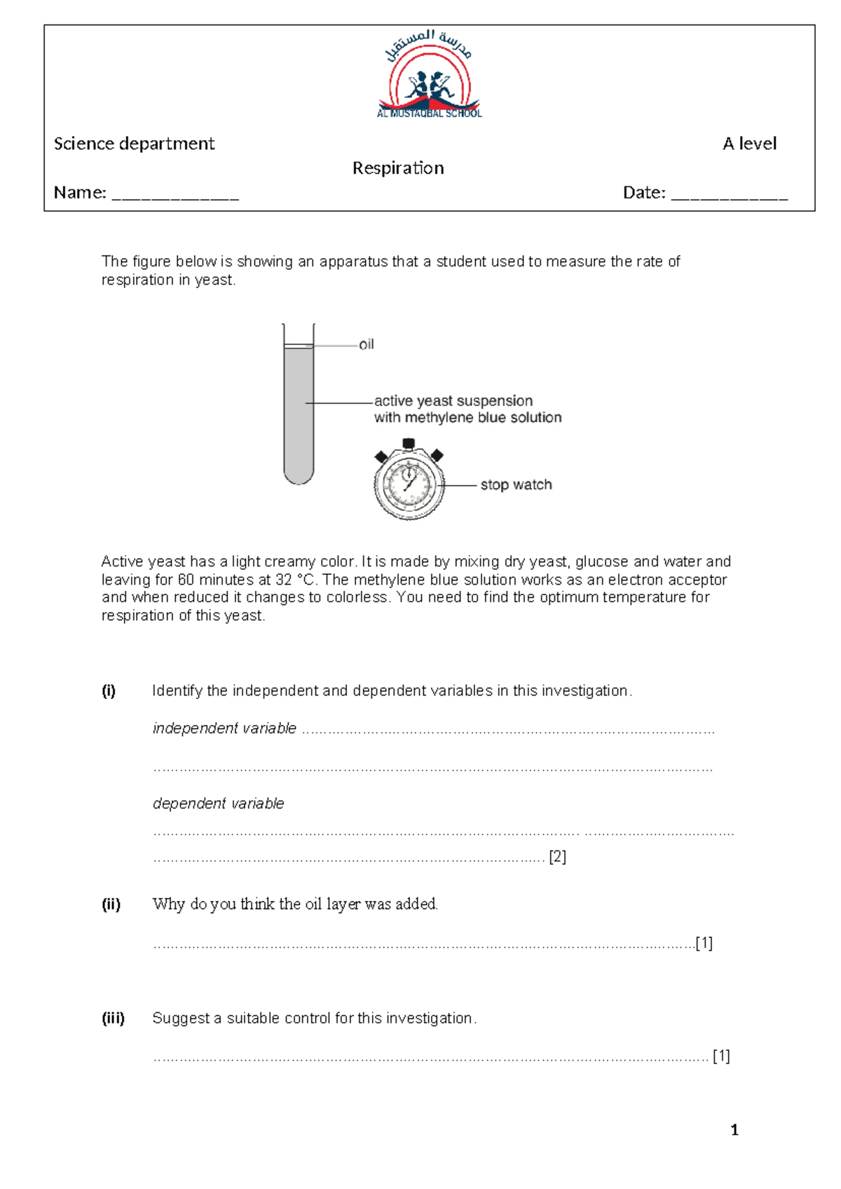 Respiration paper 5 exam - The figure below is showing an apparatus ...