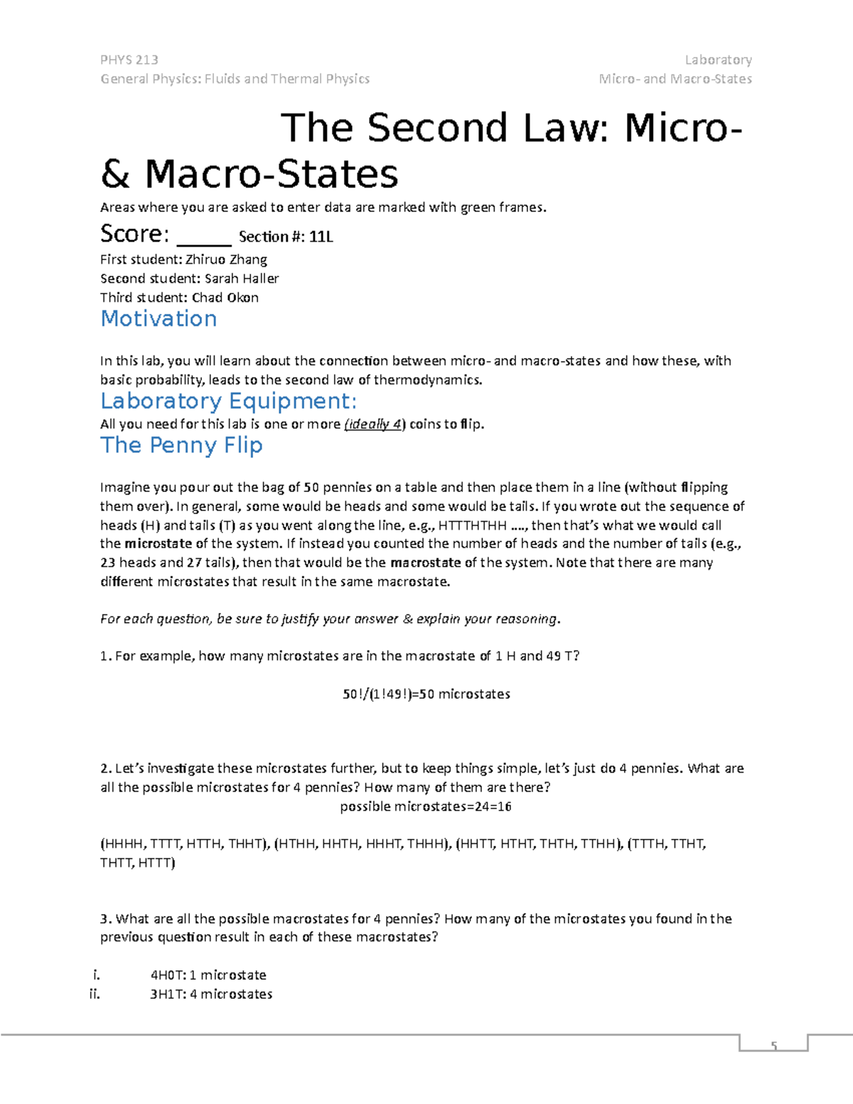 LAB 5 Physics 213 Filled - General Physics: Fluids and Thermal Physics ...