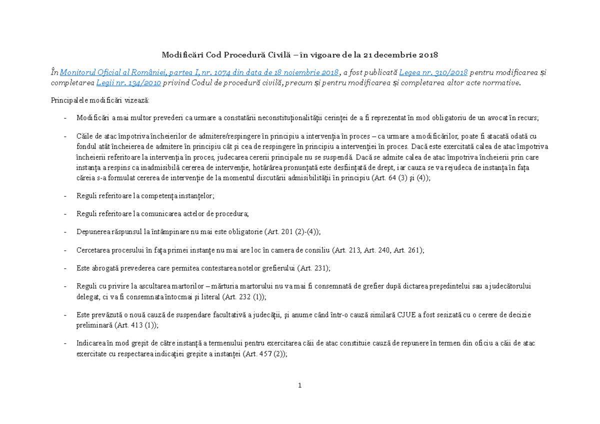 Modificari Cod Procedura Civila - în vigoare de la 21 decembrie 2018 ...