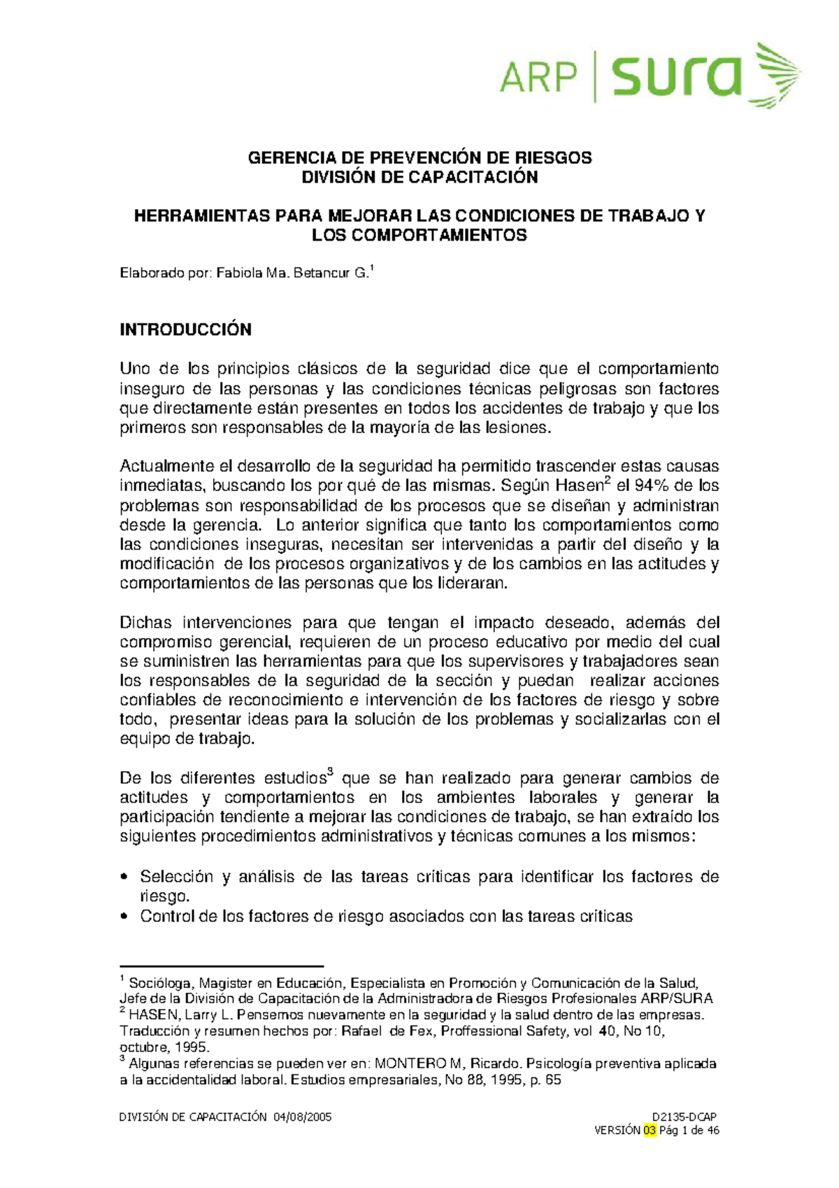 ARO, Estandares, Observacion SURA - DIVISIÓN DE CAPACITACIÓN 04/08/2005 ...