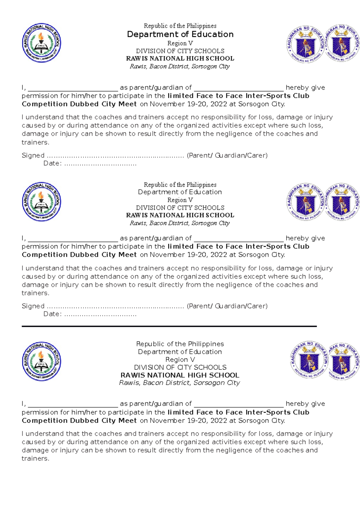 Parents permit - Republic of the Philippines Department of Education ...
