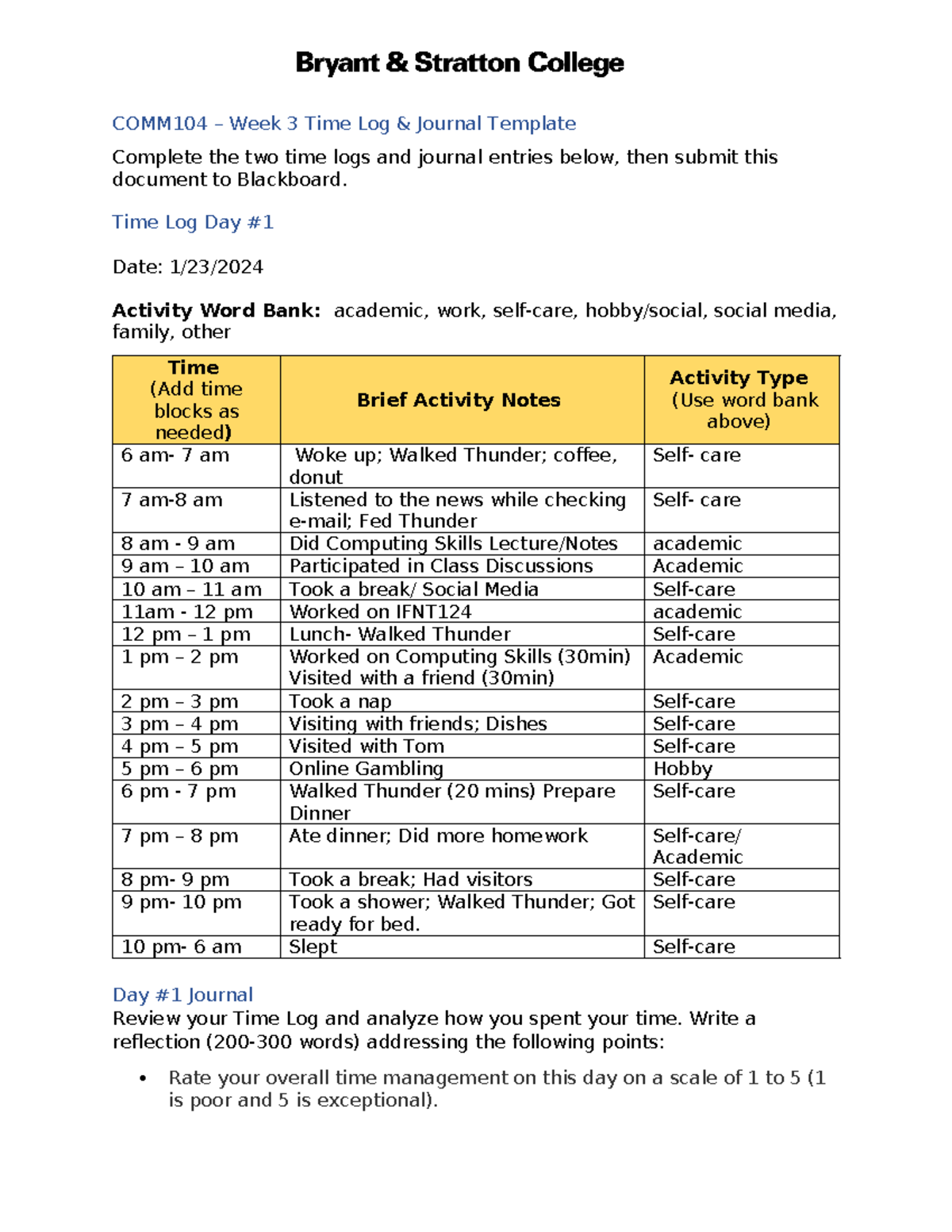 COMM104 W3 Time Log Journal Template - COMM104 – Week 3 Time Log ...