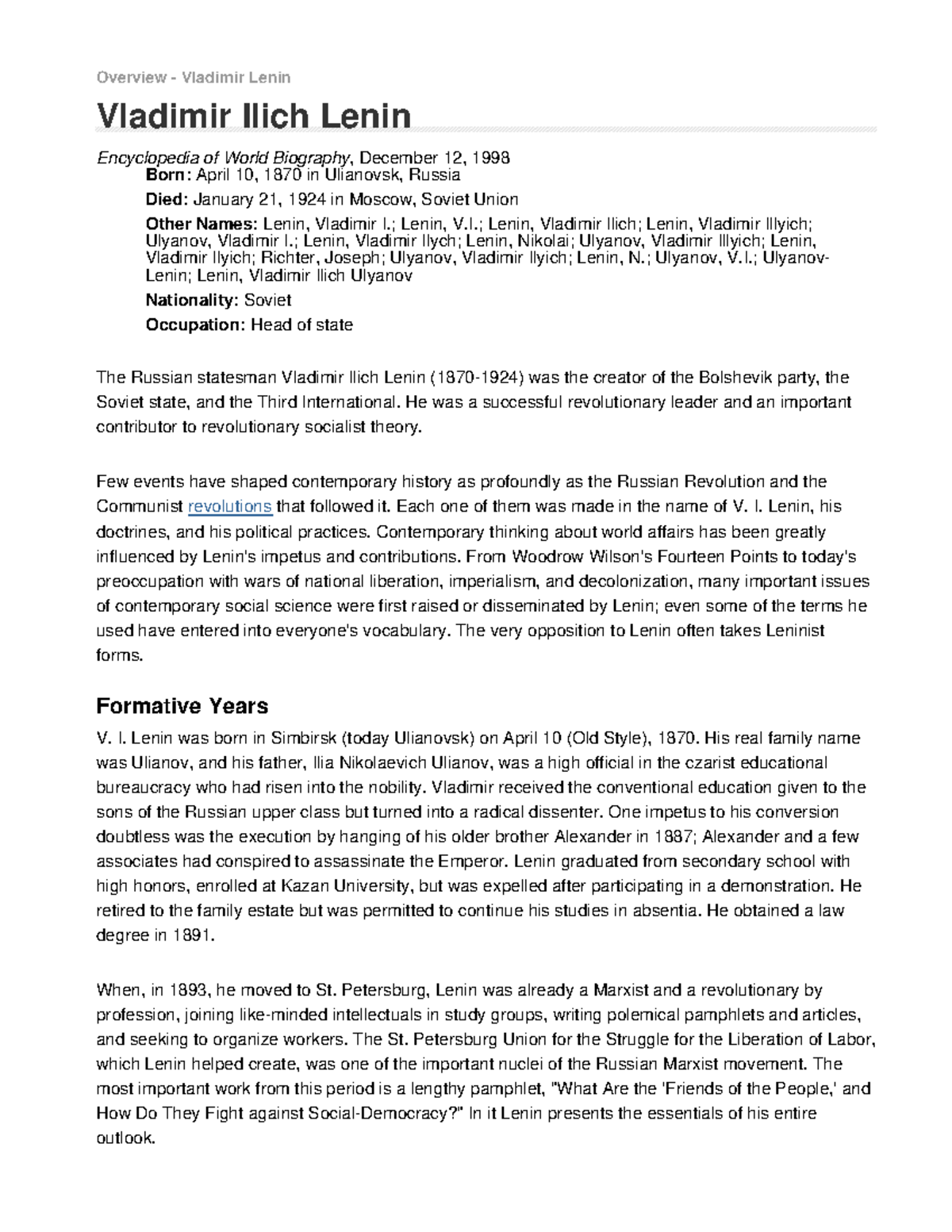 A Level History notes to pass about Lenin and Marxism - Overview ...