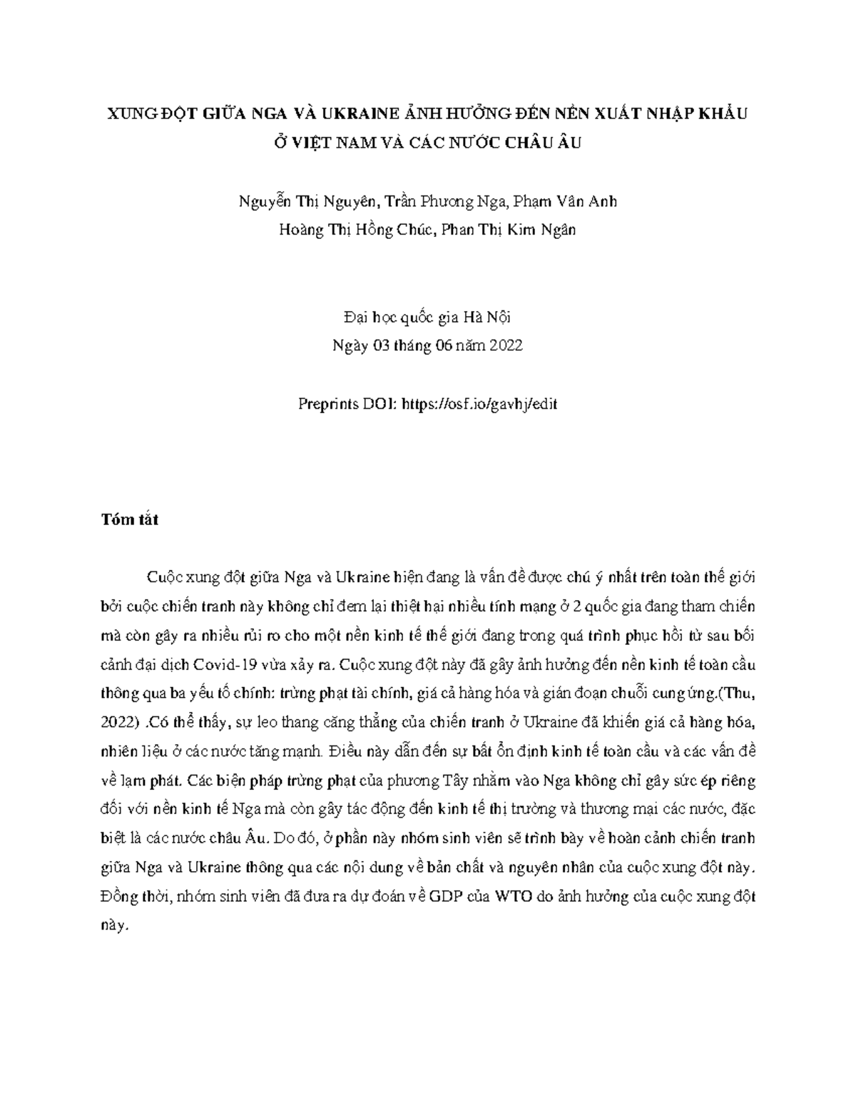 XUNG ĐỘT GIỮA NGA VÀ Ukraine ẢNH HƯỞNG ĐẾN NỀN XUẤT NHẬP KHẨU Ở VIỆT NAM VÀ CÁC NƯỚC CHÂU ÂU 1 ...