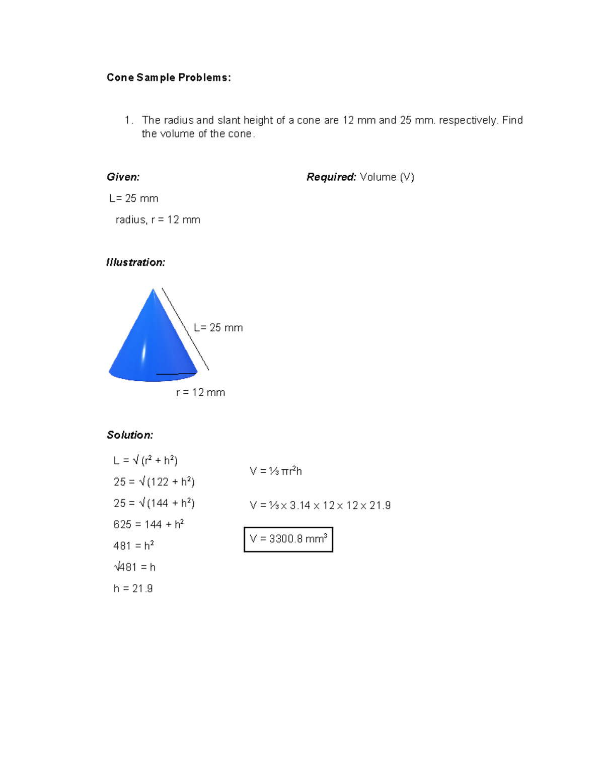 Cone Sample Problems - The radius and slant height of a cone are 12 mm ...