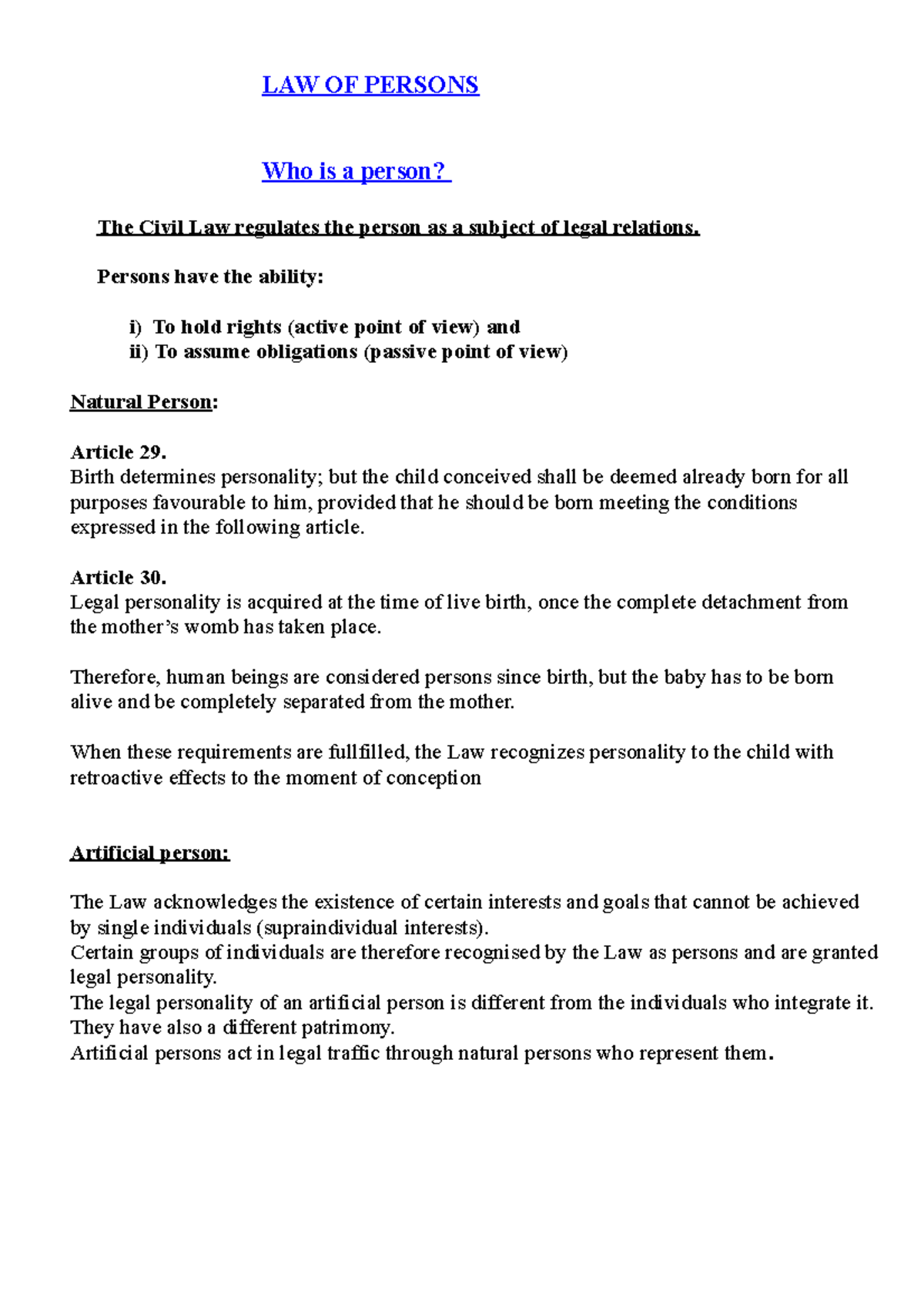 Tema 4 Law of persons - LAW OF PERSONS Who is a person? The Civil Law ...