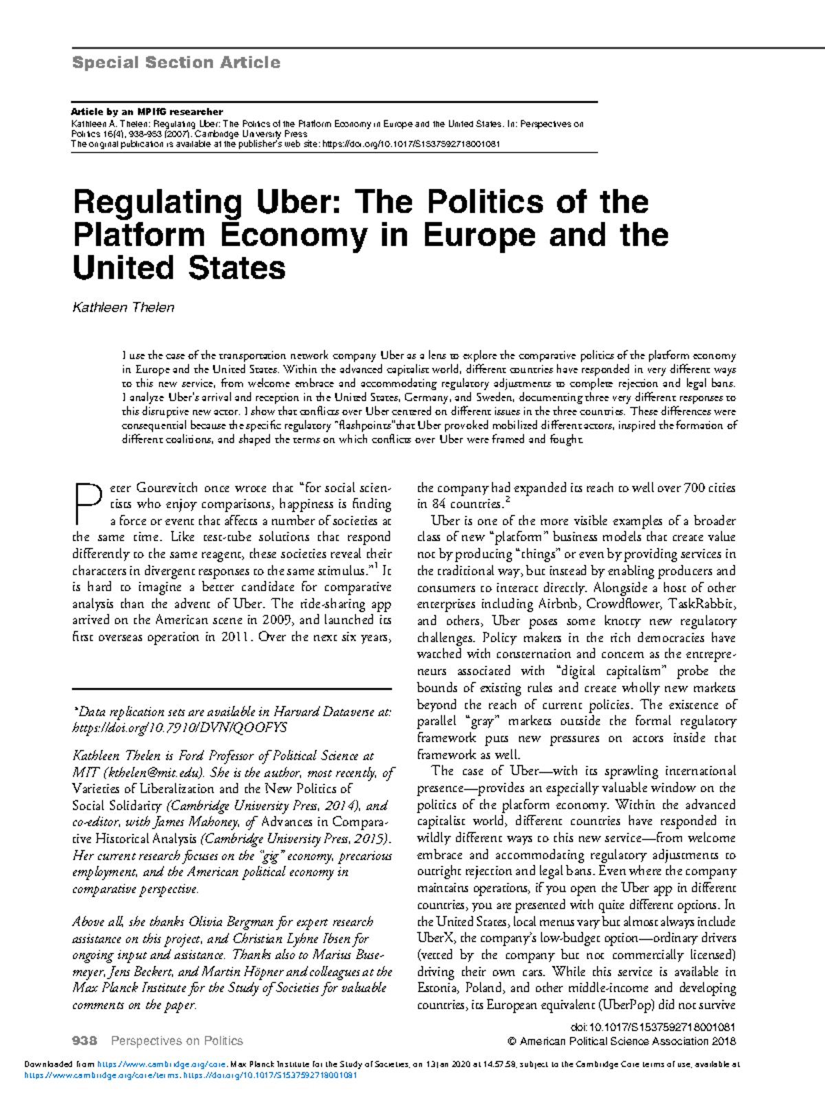Thelen+%282018 %29+Regulating+Uber - Regulating Uber: The Politics of ...