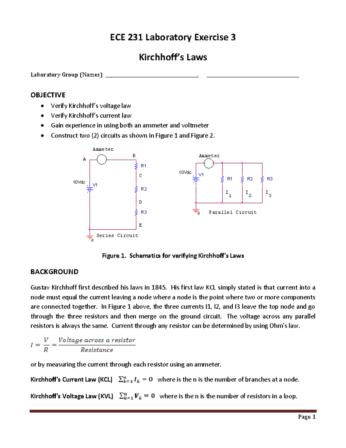 KCL & KVL in circuits - ECE 231 Laboratory Exercise 3 Kirchhoff’s Laws ...