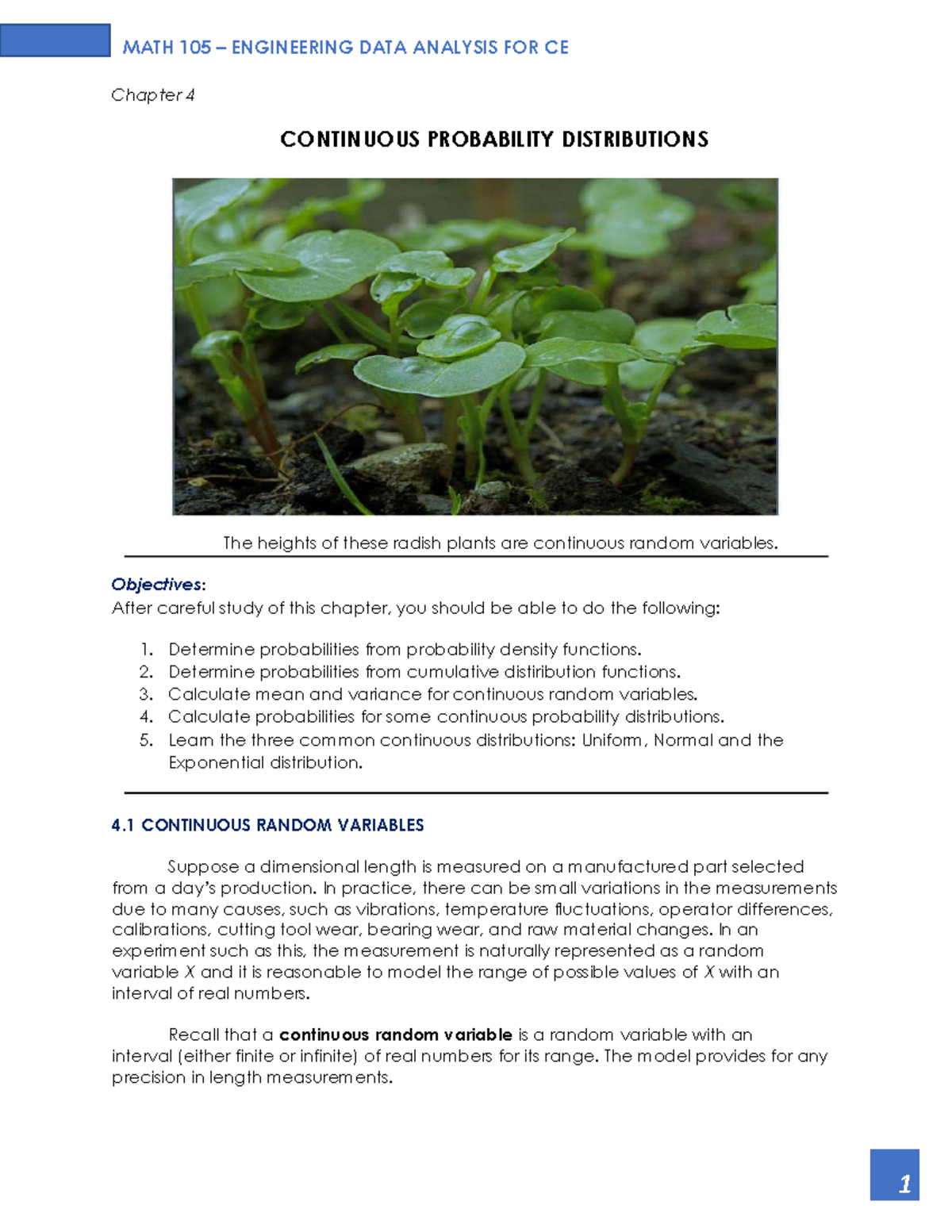 Module 4 Continuous Probability Distributions - Chapter 4 CONTINUOUS PROBABILITY DISTRIBUTIONS ...
