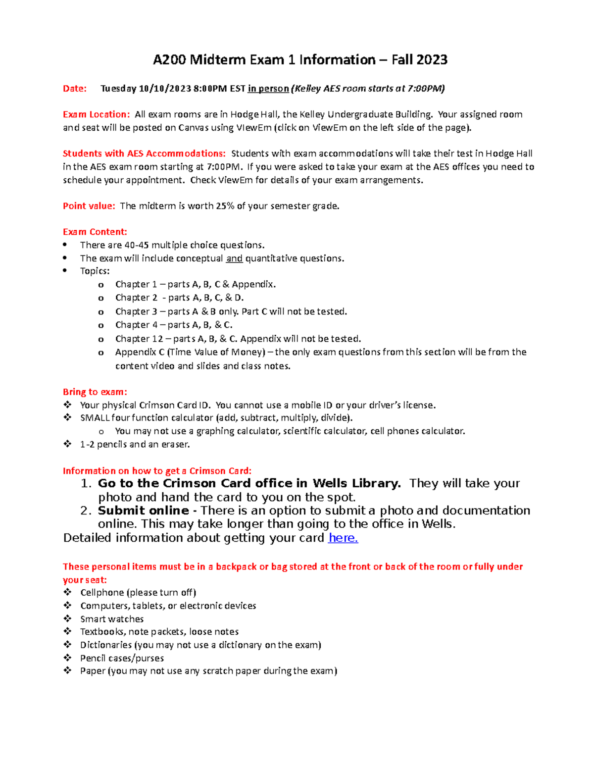 A200 Exam 1 Information Sheet Fall 2023 - A200 Midterm Exam 1 ...