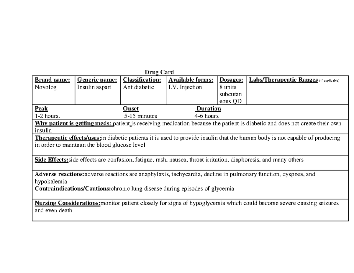 MEC DRUG Cards 2 - drug card for insulin including information of the ...