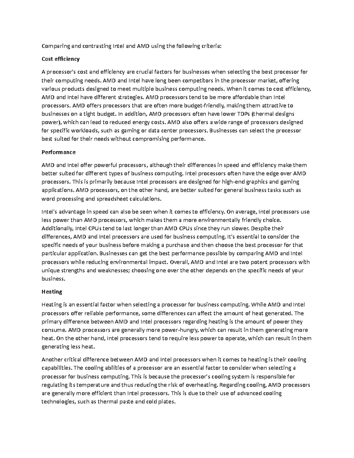 Comparing and contrasting Intel and AMD using the following criteria ...
