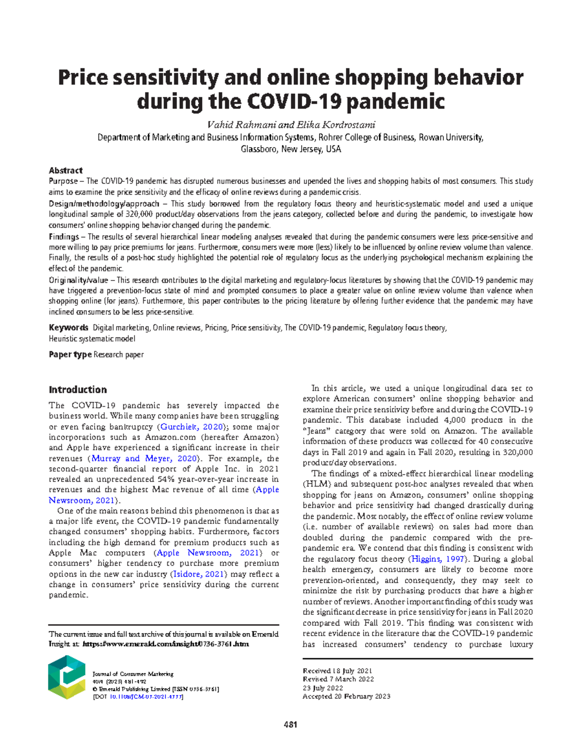 Price sensitivity and online shopping behavior during the COVID-19 ...