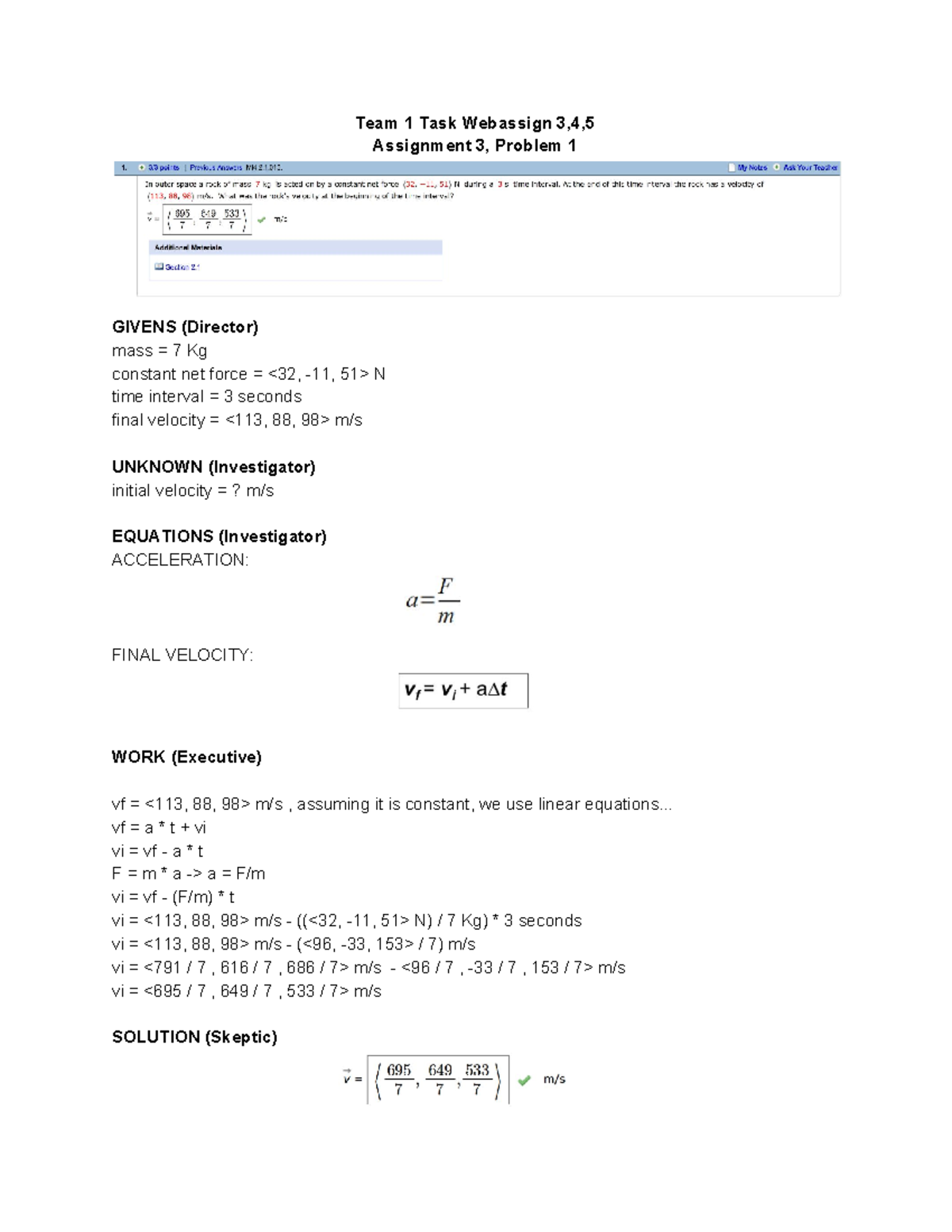 Physics 151 - Team Task Webassign 3,4,5 and summary - Team 1 Task ...