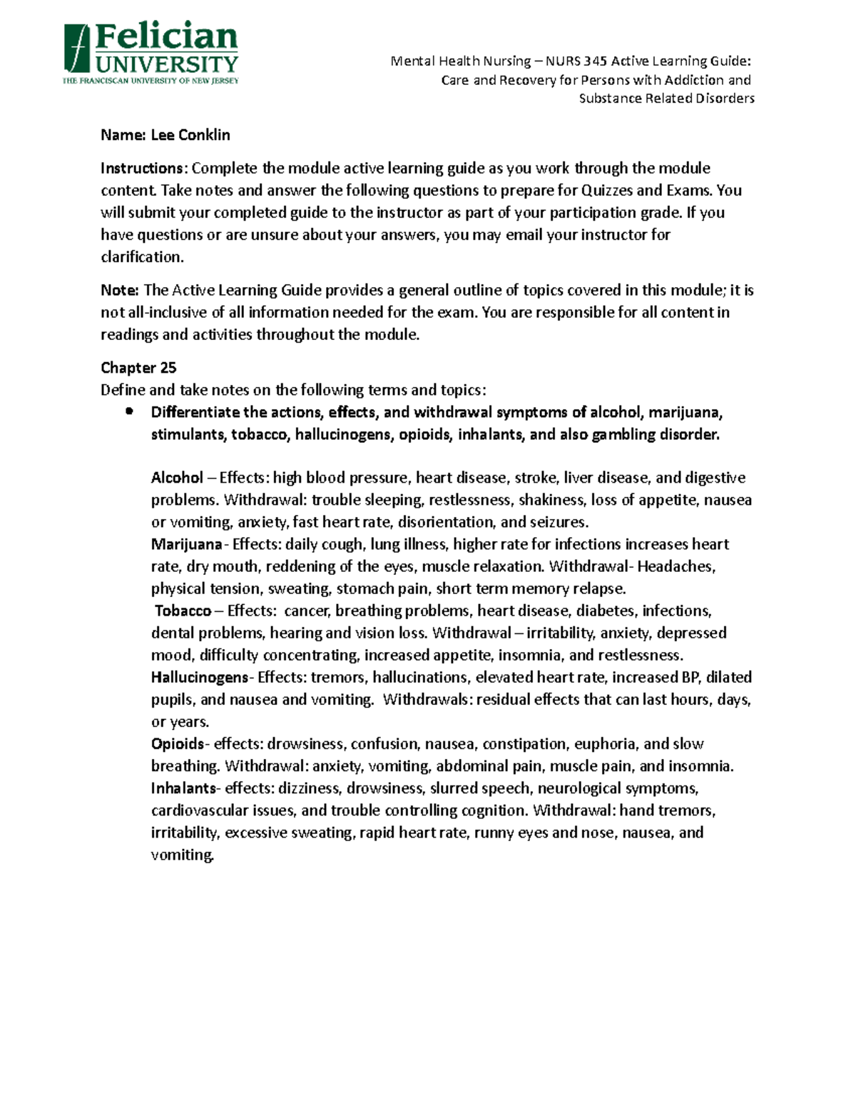 ALG ch. 25 - Active Learning Guide - Care and Recovery for Persons with ...