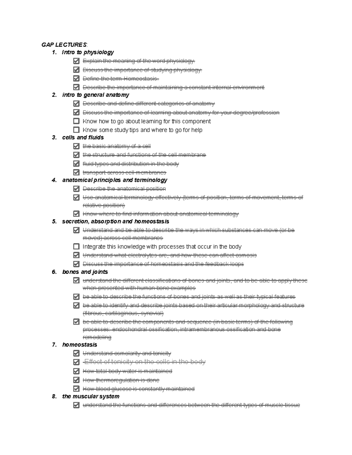 GAP AND PRD Checklist - GAP LECTURES: Intro to physiology Explain the ...