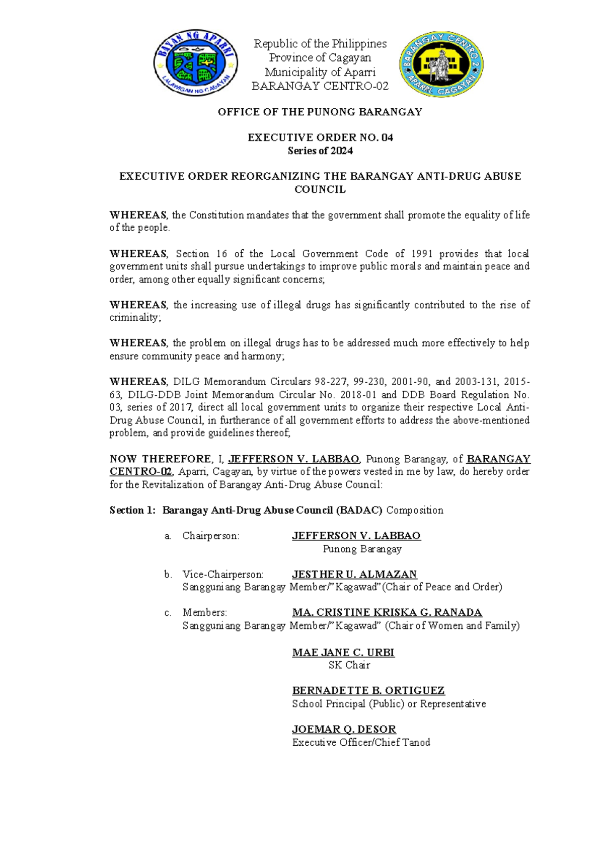 EO- Badac - THESE ARE SAMPLE DRAFTS OF EXECUTIVE ORDERS YOU CAN USE AS ...