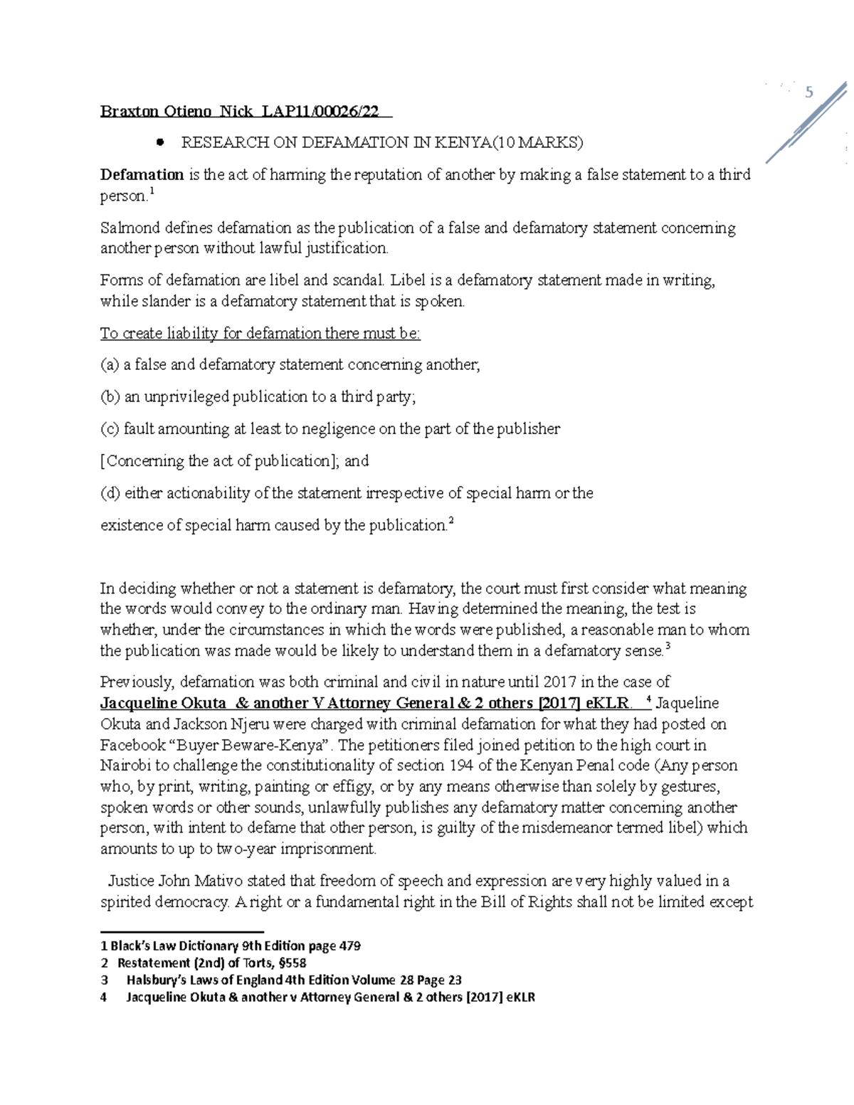 Defamation Assgn Brax - Assignment - Braxton Otieno Nick LAP11/00026/ RESEARCH ON DEFAMATION IN ...