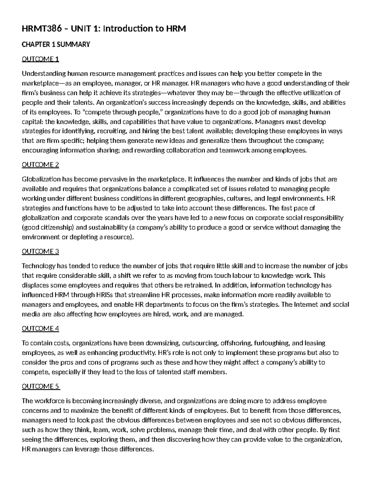 HRMT386 All Unit Summaries - HRMT386 – UNIT 1: Introduction to HRM ...