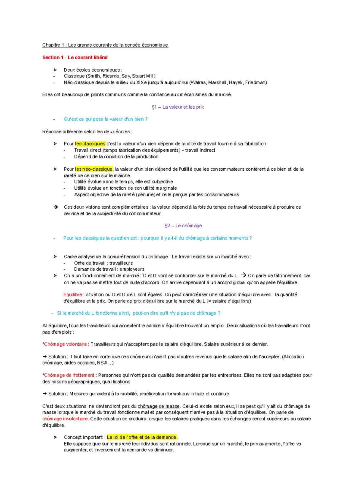 Chapitre 1 - Les grands courants de la pensée économique - Chapitre 1 : Les grands courants de ...