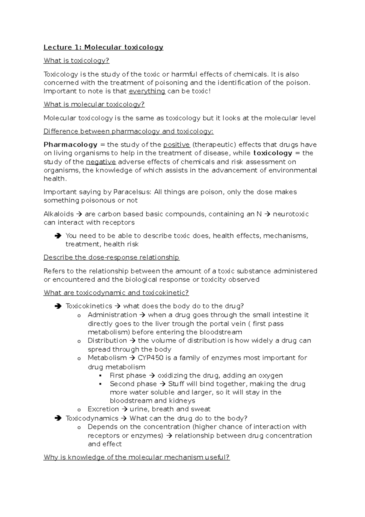 Summary Mol Tox - Lecture 1: Molecular toxicology What is toxicology? Toxicology is the study of ...