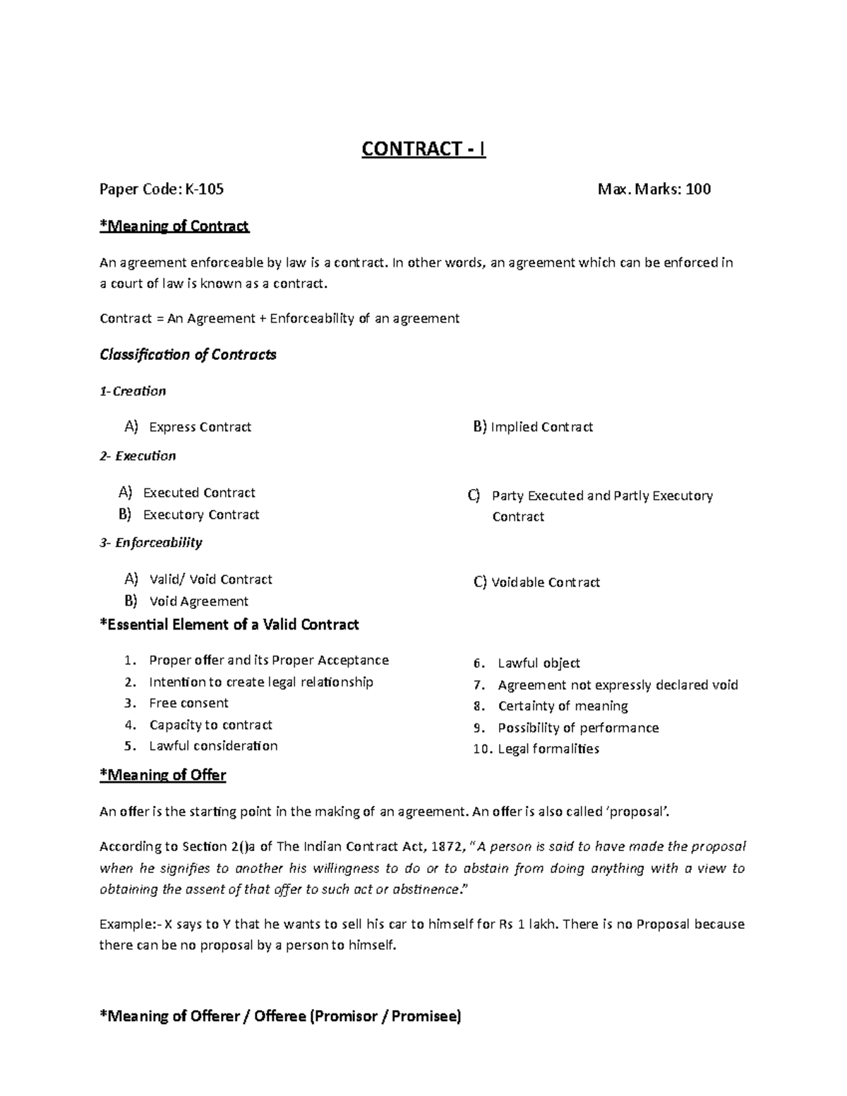 Contract - Note -1 Sem - Lecture notes 1-8 - CONTRACT - I Paper Code: K ...