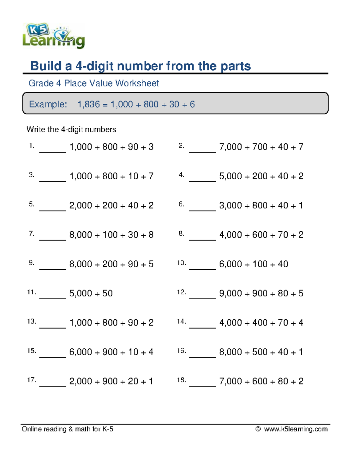 Grade 4 4 digit number from parts a - Online reading & math for K-5 ...