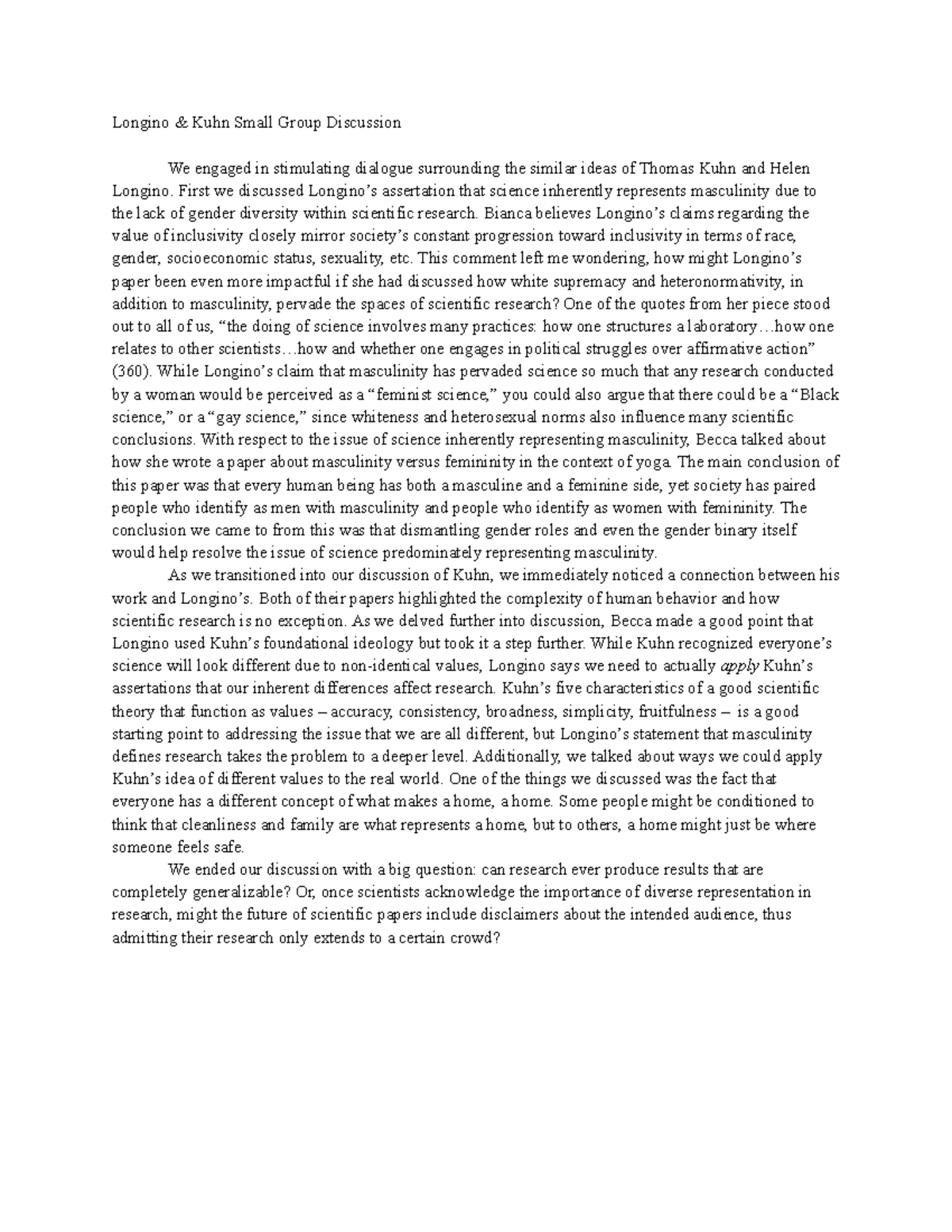 Philosophy discussion 3 - Longino & Kuhn Small Group Discussion We ...