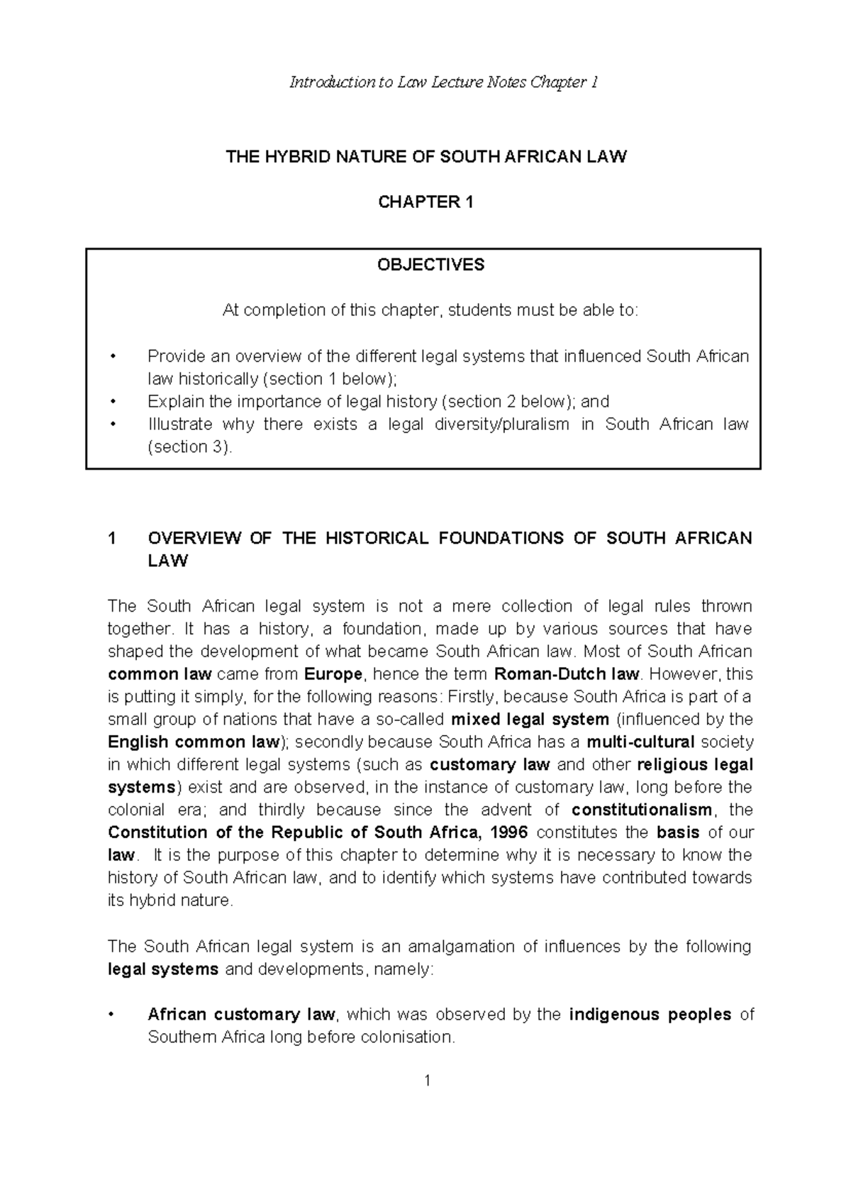 2023 Semester 2 Introduction to Law Chapter 1 - THE HYBRID NATURE OF SOUTH AFRICAN LAW CHAPTER 1 ...