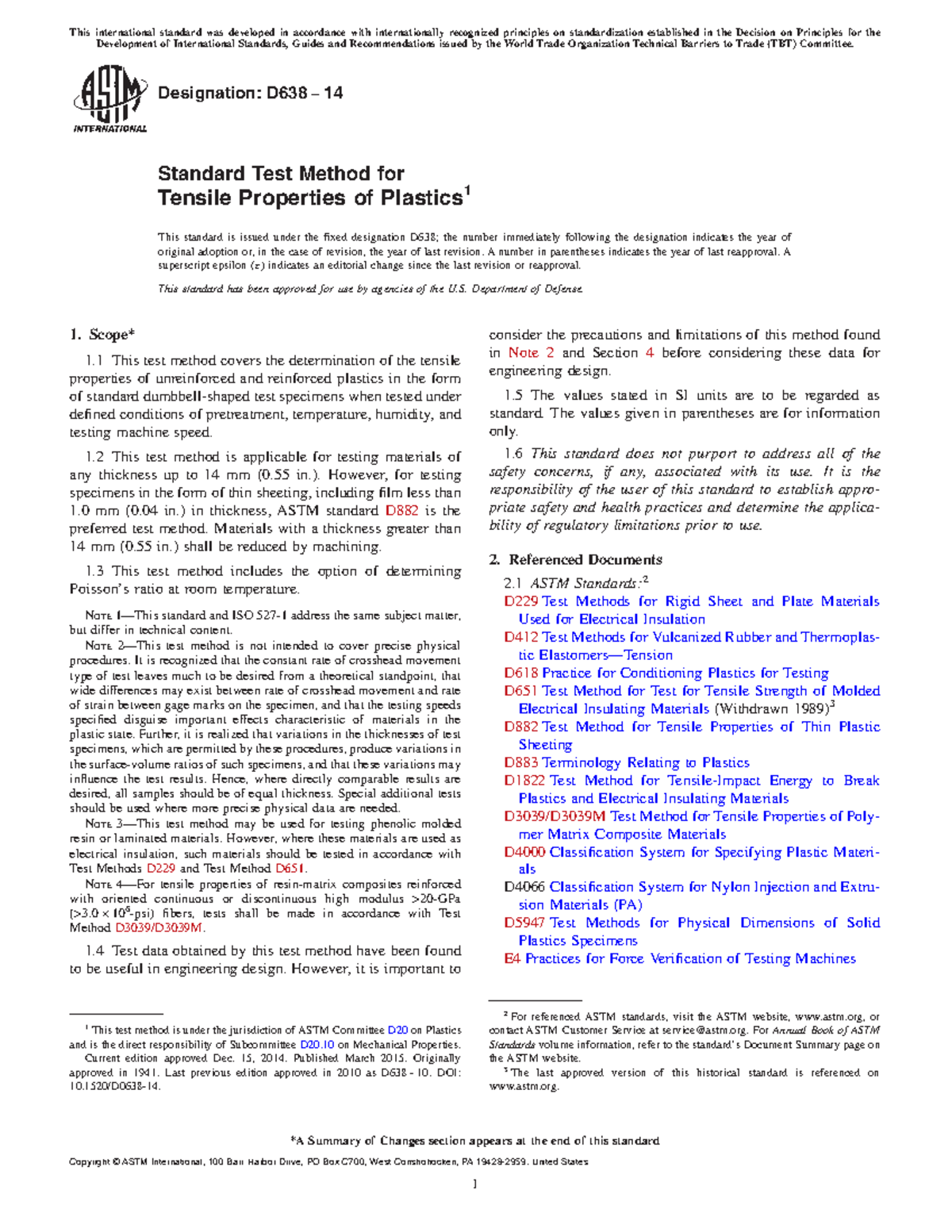 ASTM D638 Tensile Properties OF Plastics - Designation: D638 − 14 ...