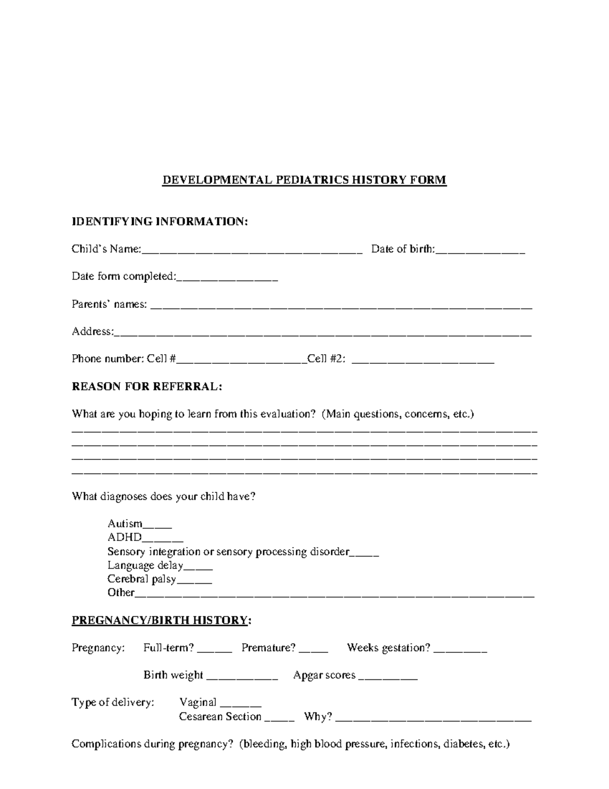 Developmental-History-Form - DEVELOPMENTAL PEDIATRICS HISTORY FORM ...