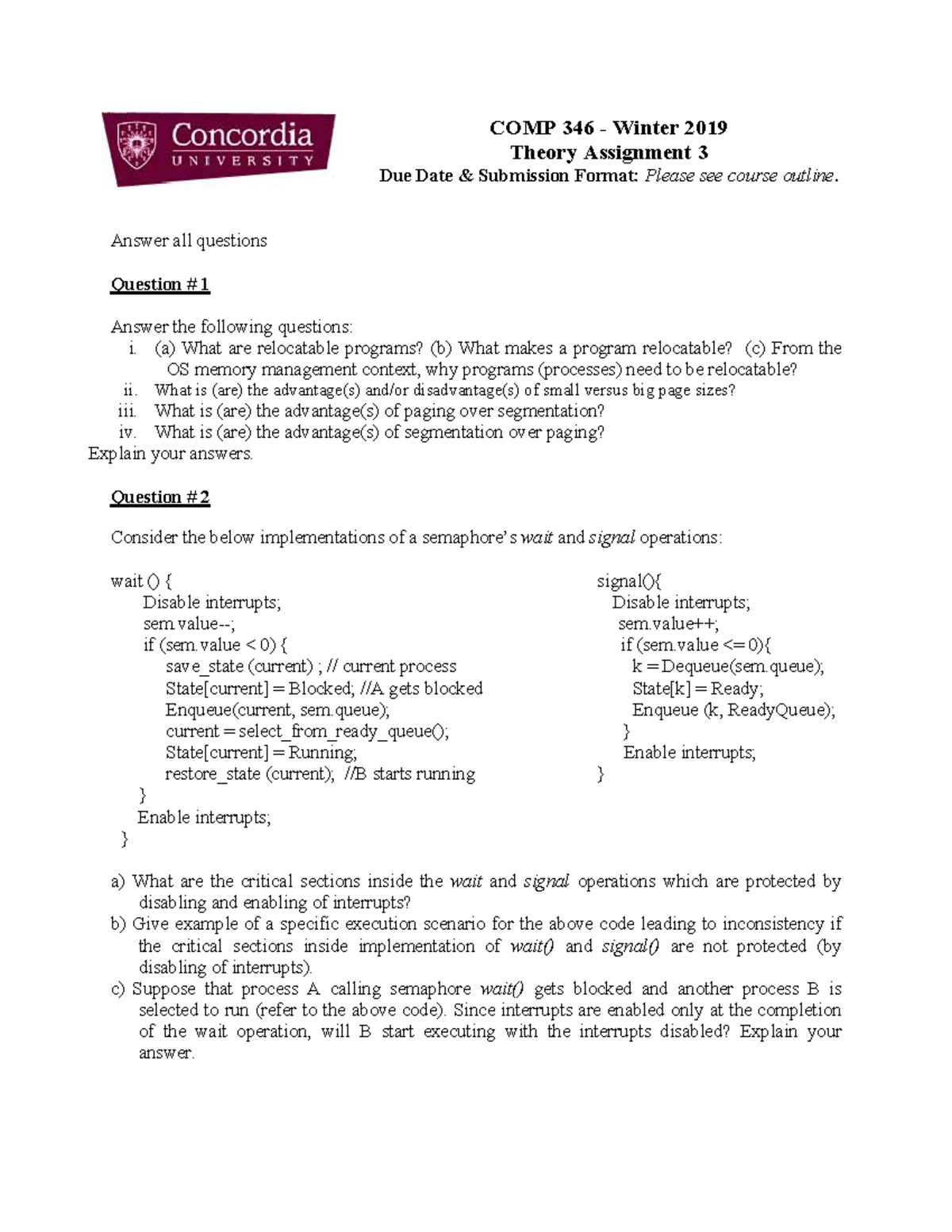 COMP346 TA Assignment 3 - COMP 346 - Winter 2019 Theory Assignment 3 Due Date & Submission - Studocu