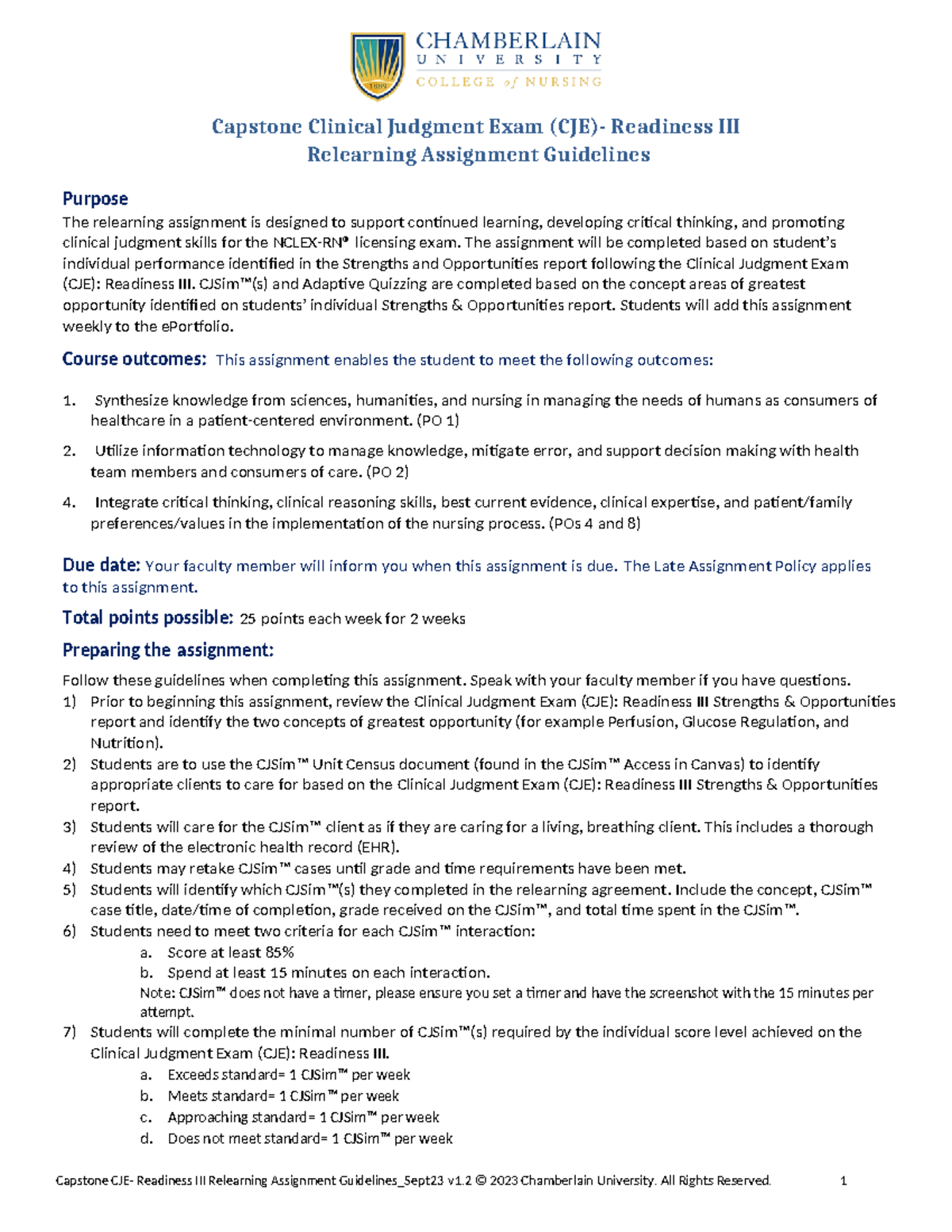 Capstone Clinical Judgment Exam Readiness III Relearning Assignment Guidelines Sept23 - Capstone ...