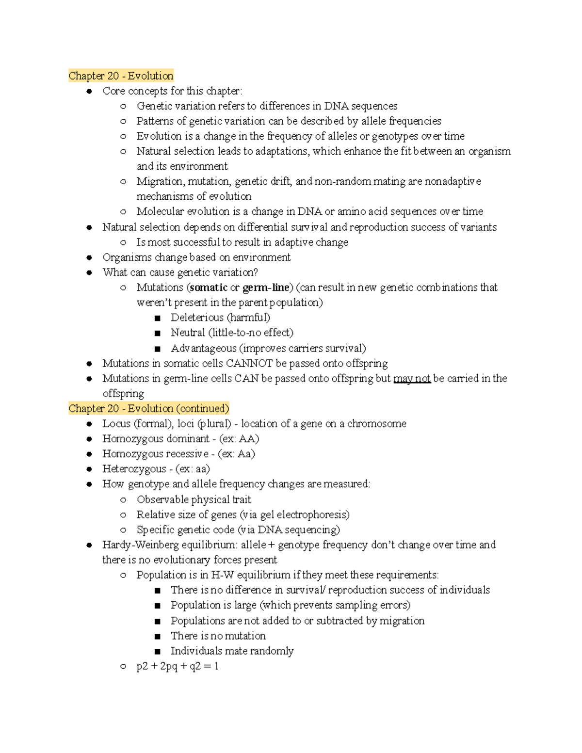 All BIO Notes for Unit 1 Exam 1 - Chapter 20 - Evolution Core concepts ...