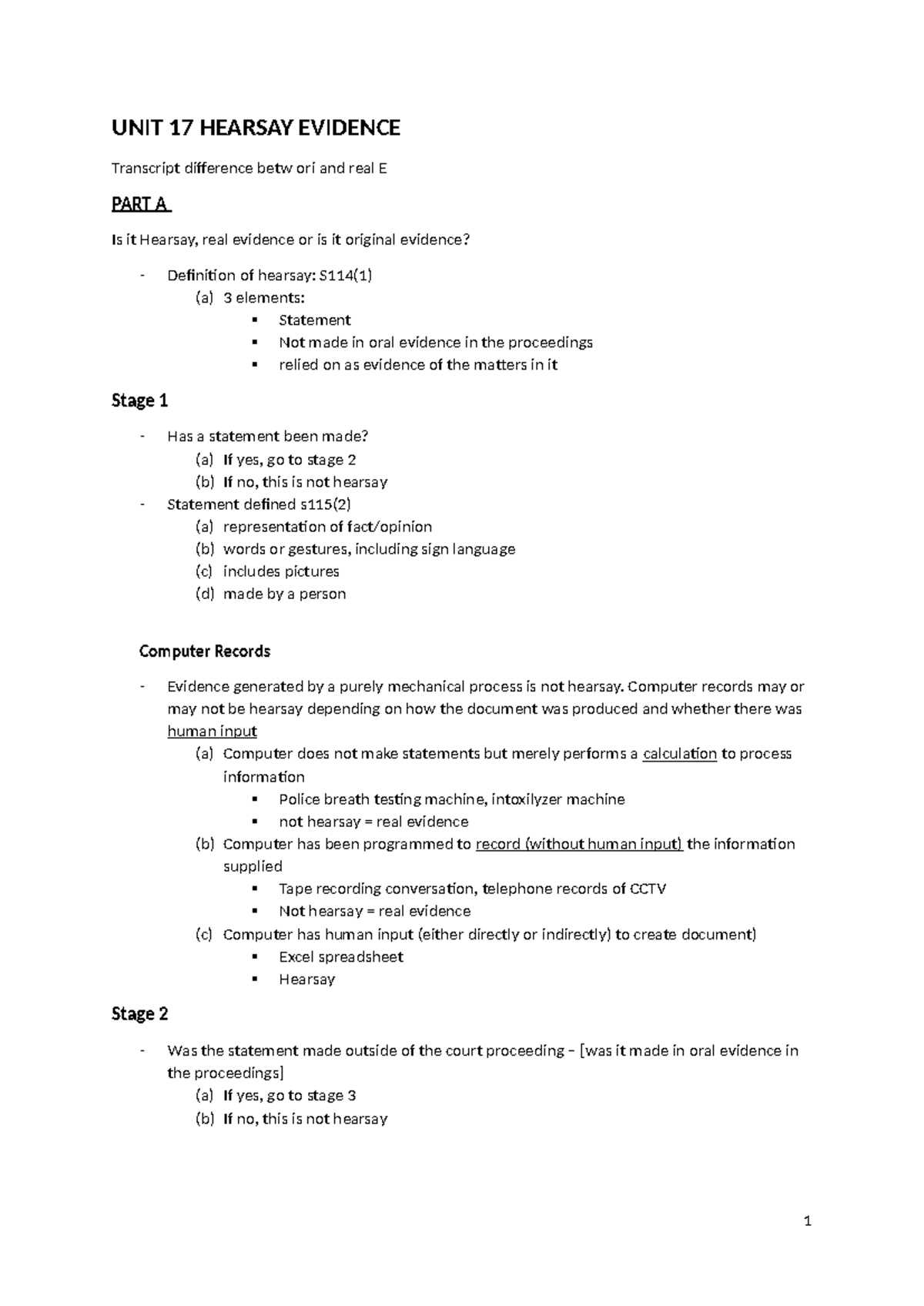 Hearsay Evidence - Crim Lititgation unit 17 - UNIT 17 HEARSAY EVIDENCE ...